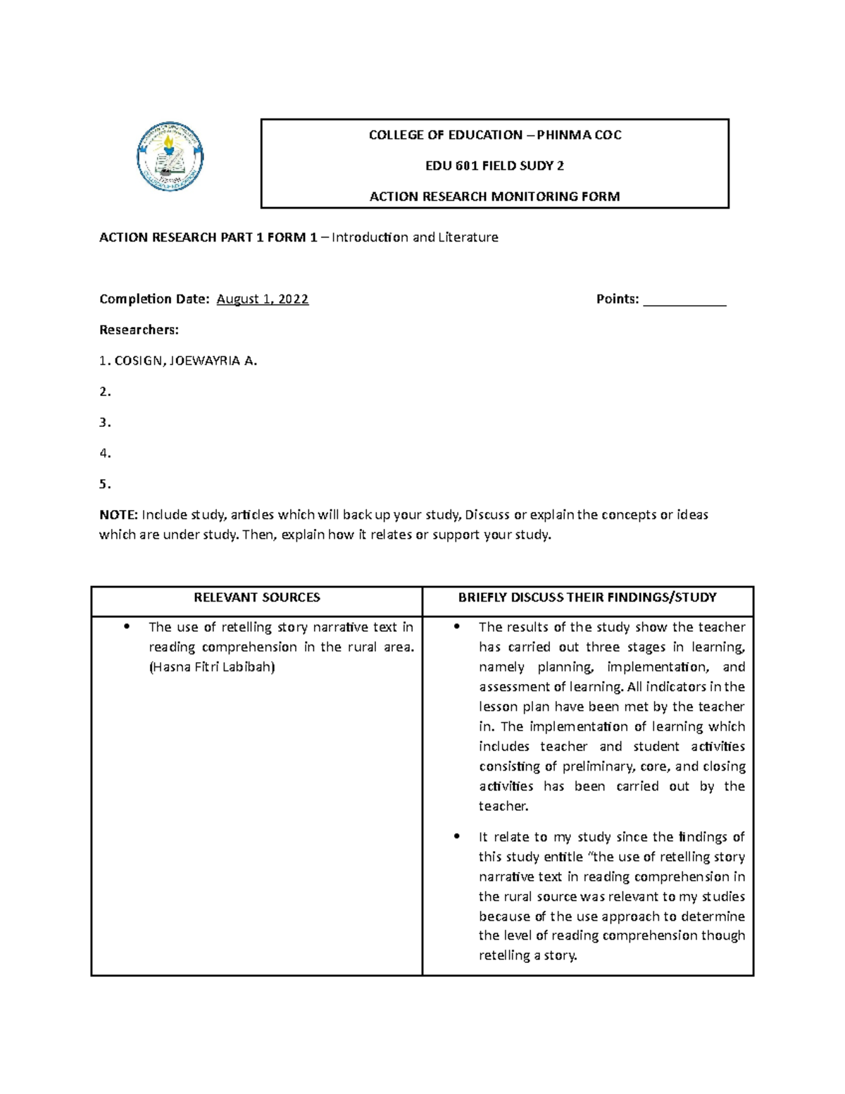 FS2 FORM 1 - FS2 FORM 1 - ACTION RESEARCH PART 1 FORM 1 – Introduction ...