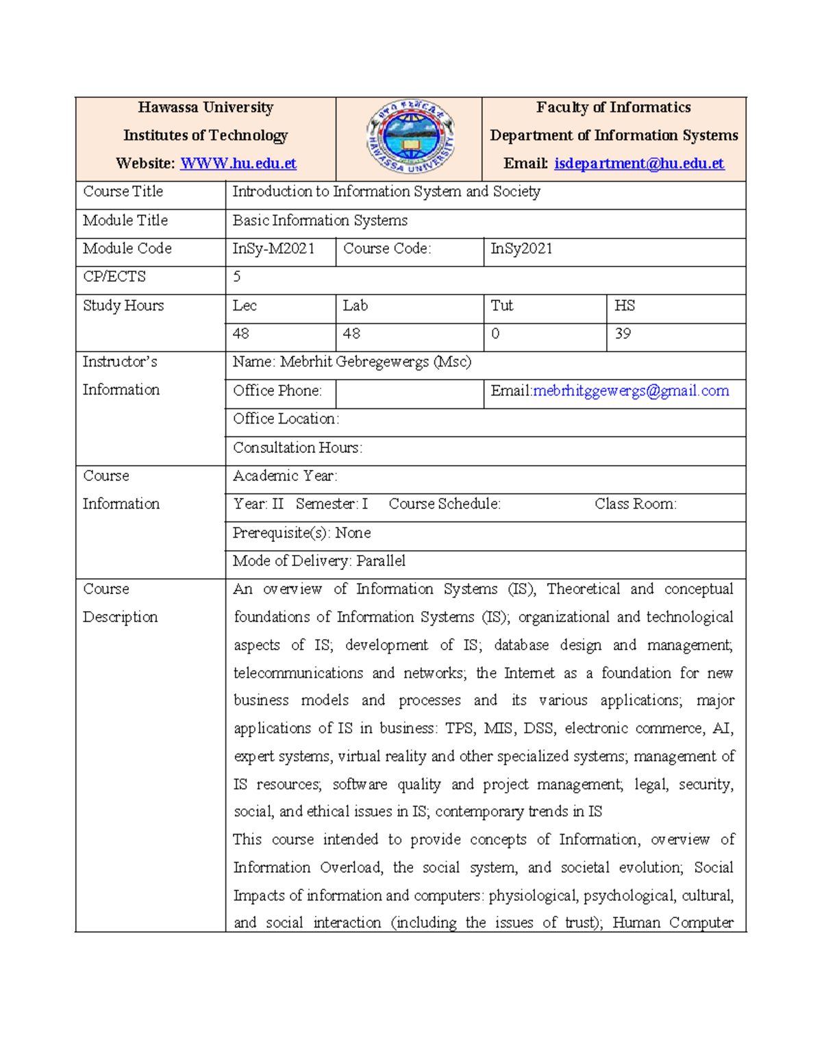 Information Systems Course Outline Hawassa University Institutes Of Technology Website Hu
