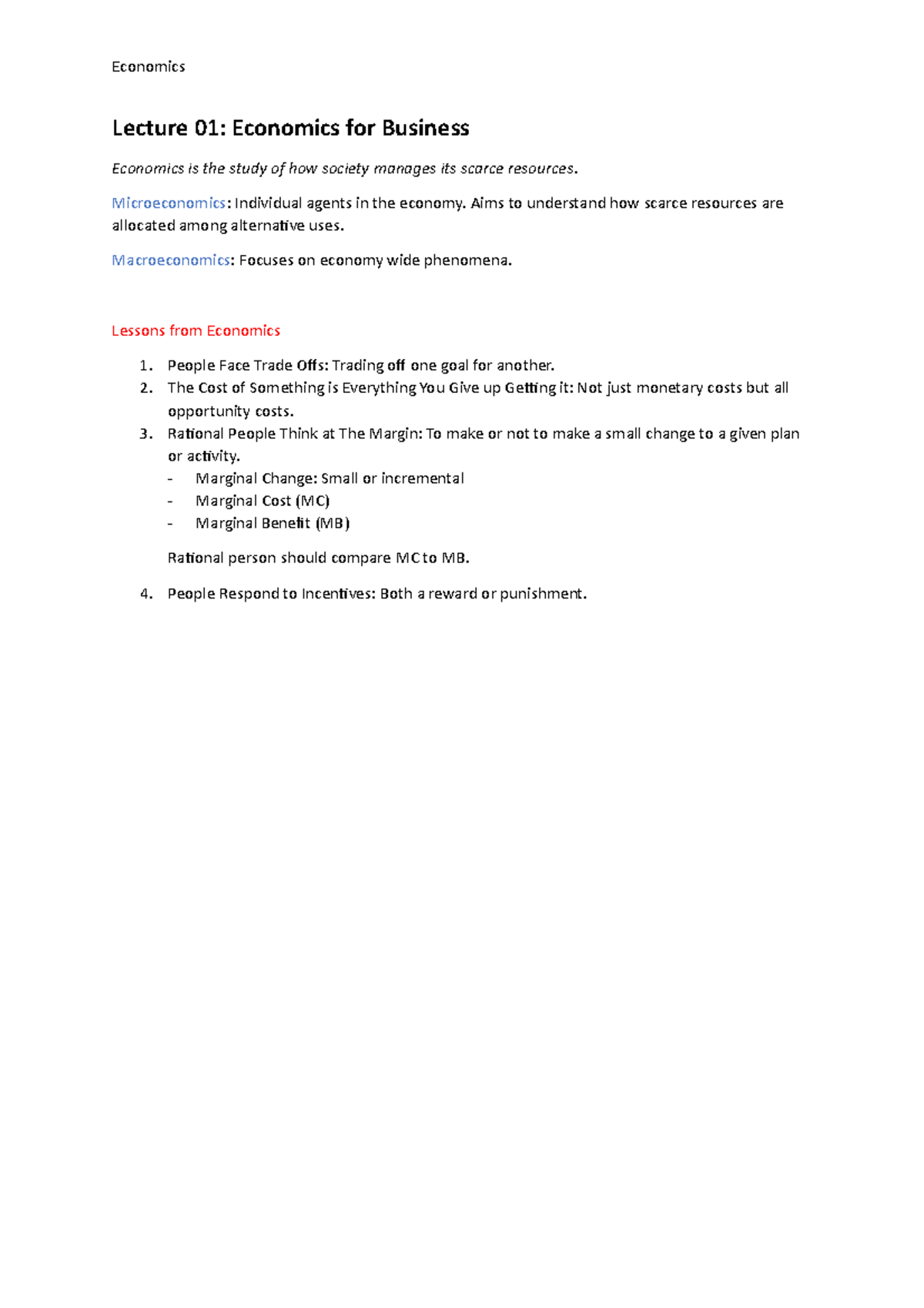 Economics Summary Notes - Lecture 01: Economics for Business Economics ...