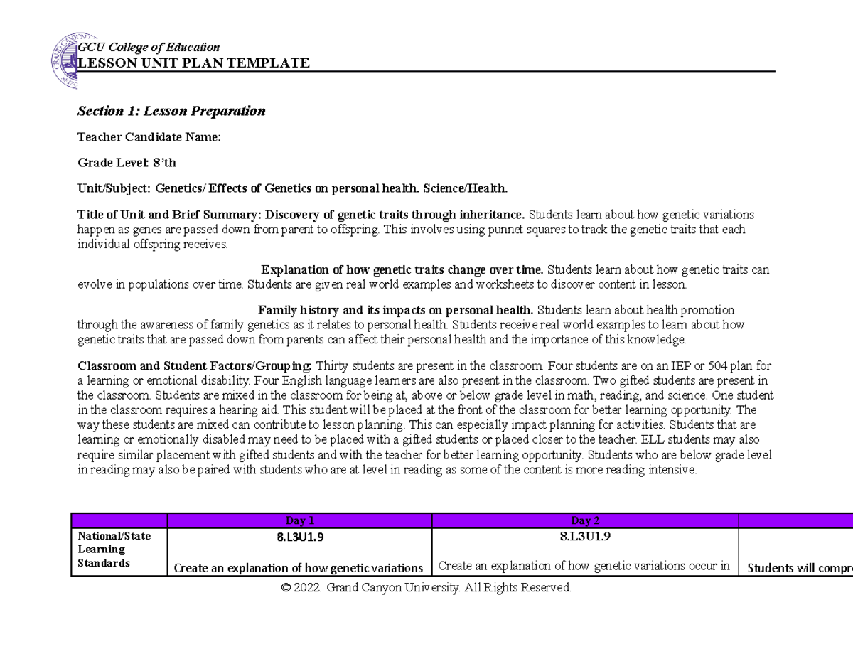 Science and Health unit plan - GCU College of Education LESSON UNIT ...