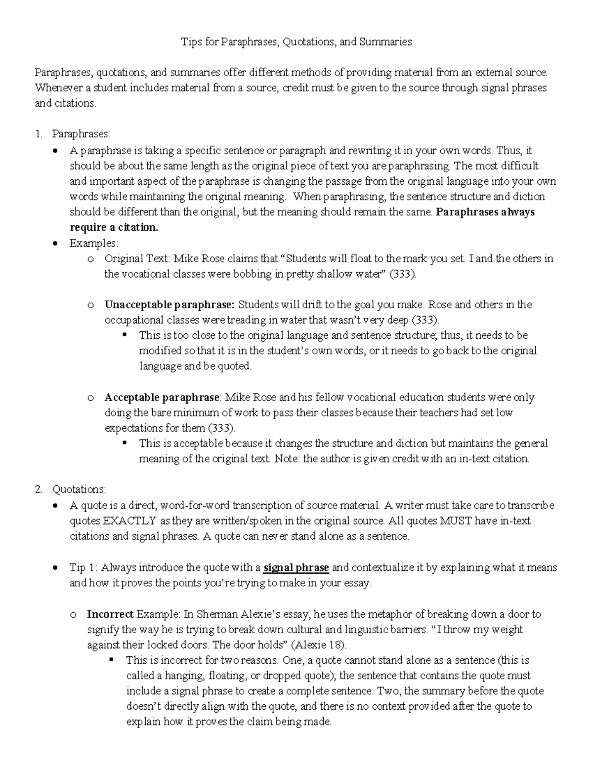 Paraphrases, Quotations, and Summaries - Tips for Paraphrases ...