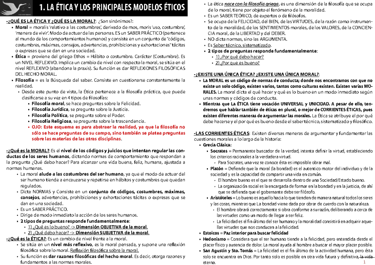 Esquemas-deontología - _____ 1 1. LA ÉTICA Y LOS PRINCIPALES MODELOS ...