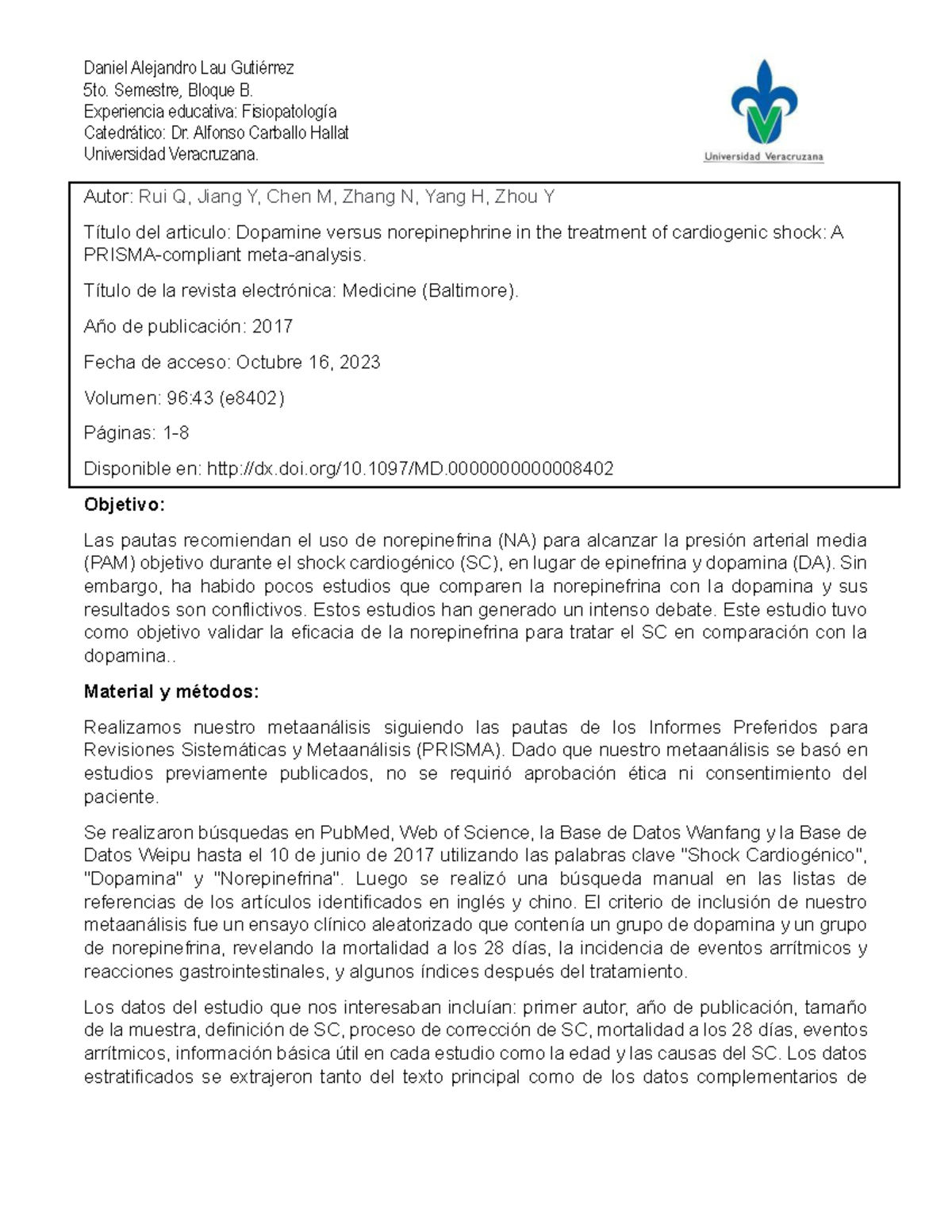Ficha bibliográfica Shock Cardiogénico- Lau Gutiérrez Daniel A - Daniel ...