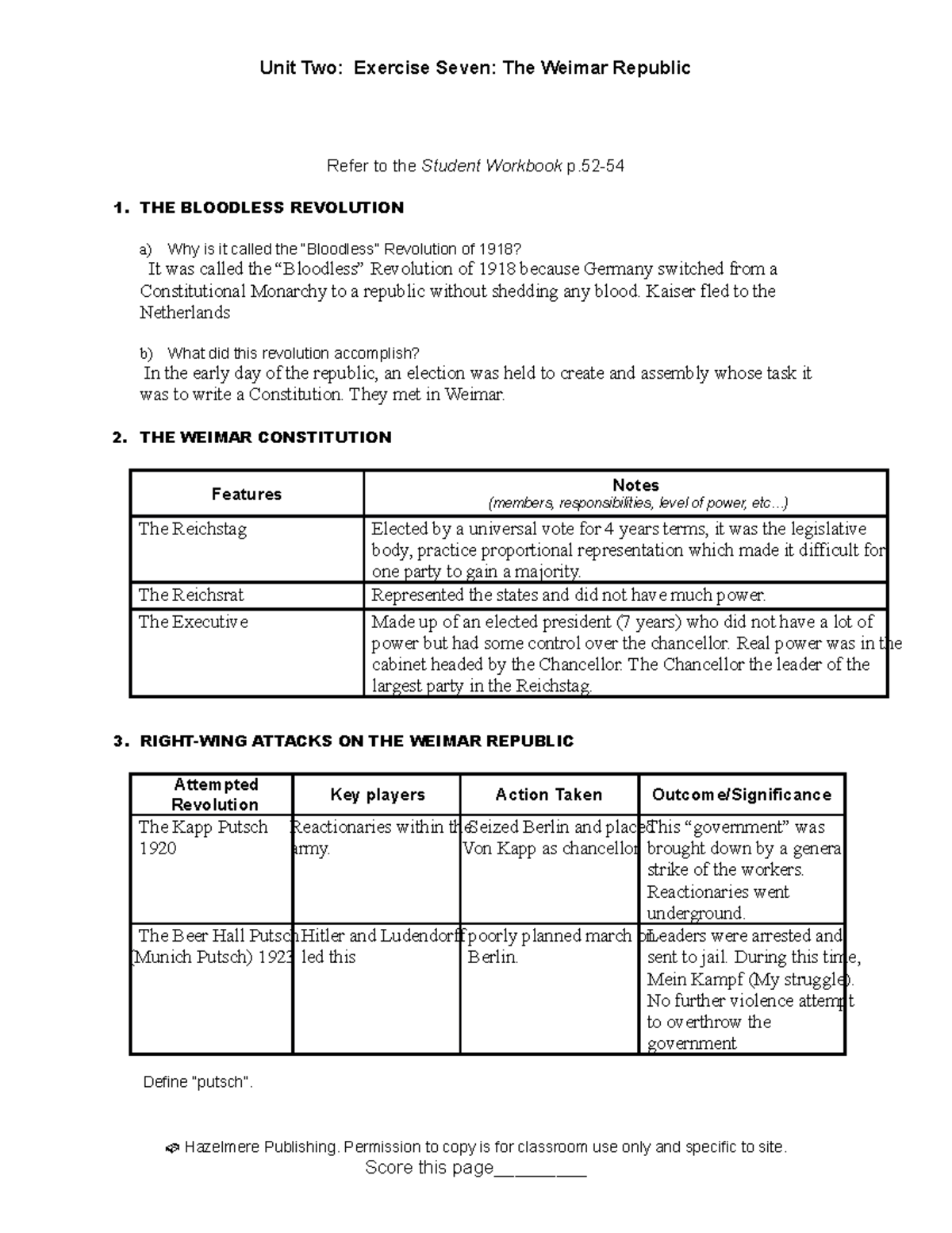 Exercise 7 the Weimar Republic - Unit Two: Exercise Seven: The Weimar ...