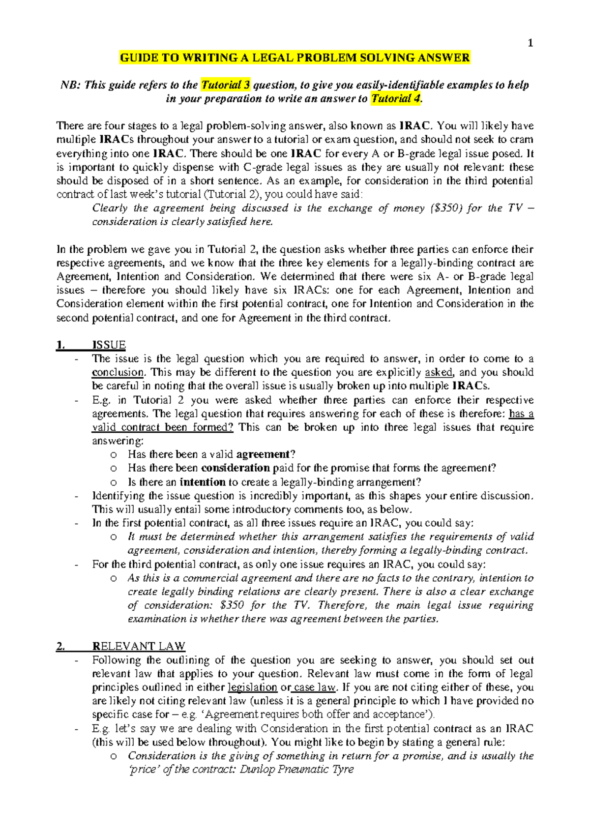 Guide to Writing a Legal Problem-Solving Answer (from Tutorial 4) - 1 ...