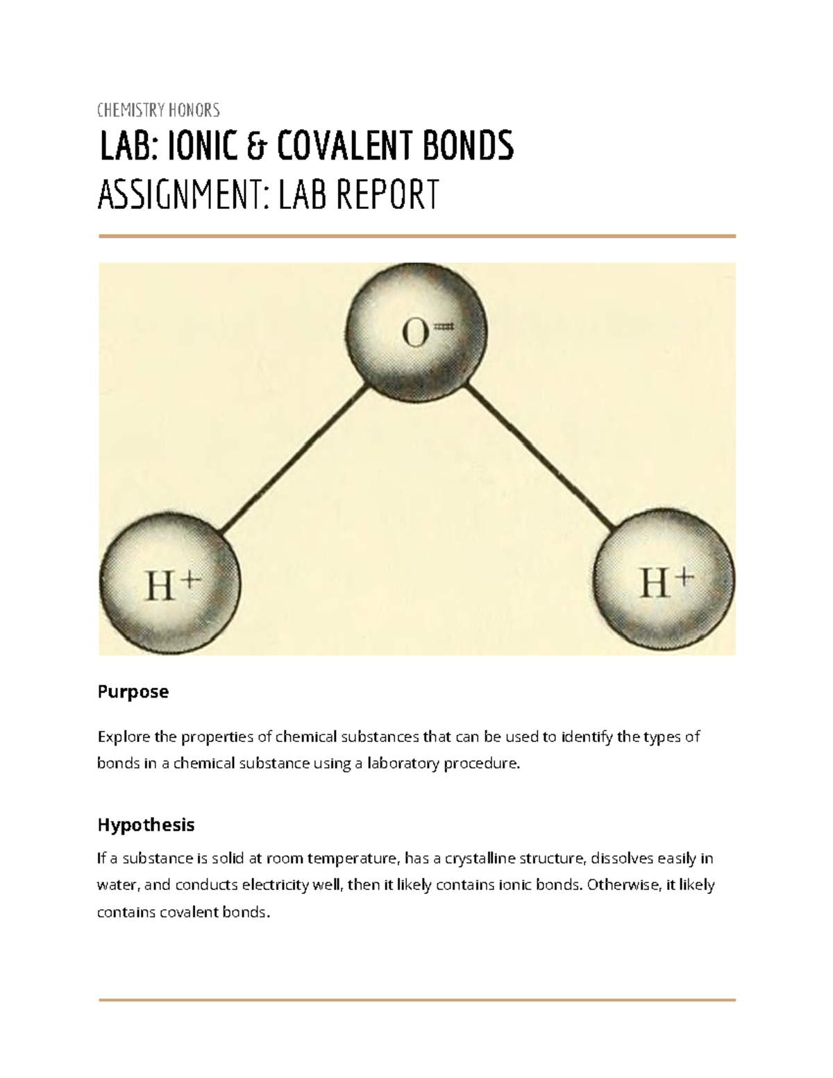 Lab Ionic and Covalent Bonds - CHEMISTRY HONORS LAB: IONIC & COVALENT ...