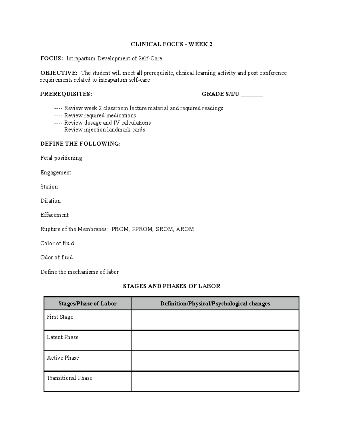 Clinical Focus Sheet Week #2 - CLINICAL FOCUS - WEEK 2 FOCUS ...
