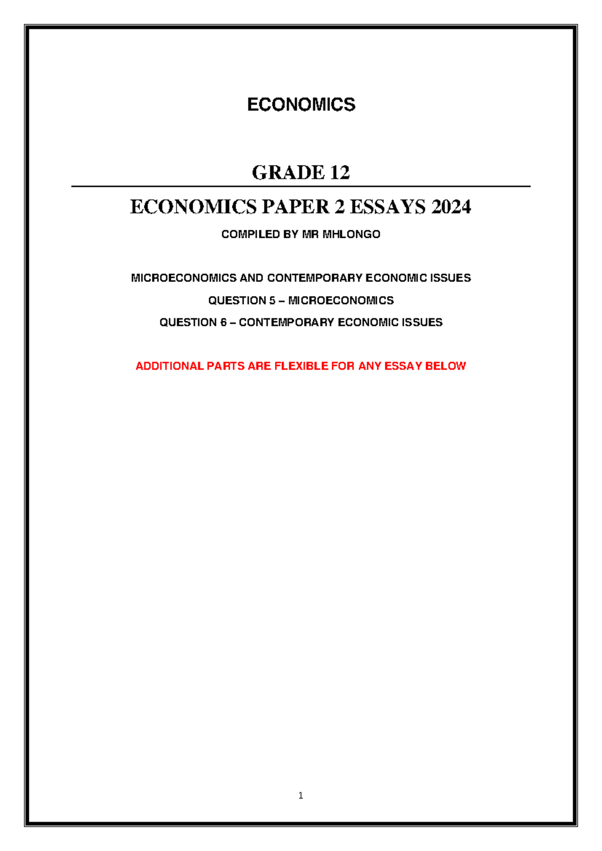 Paper 2 Essays 2024 064007 - ECONOMICS GRADE 12 ECONOMICS PAPER 2 ...