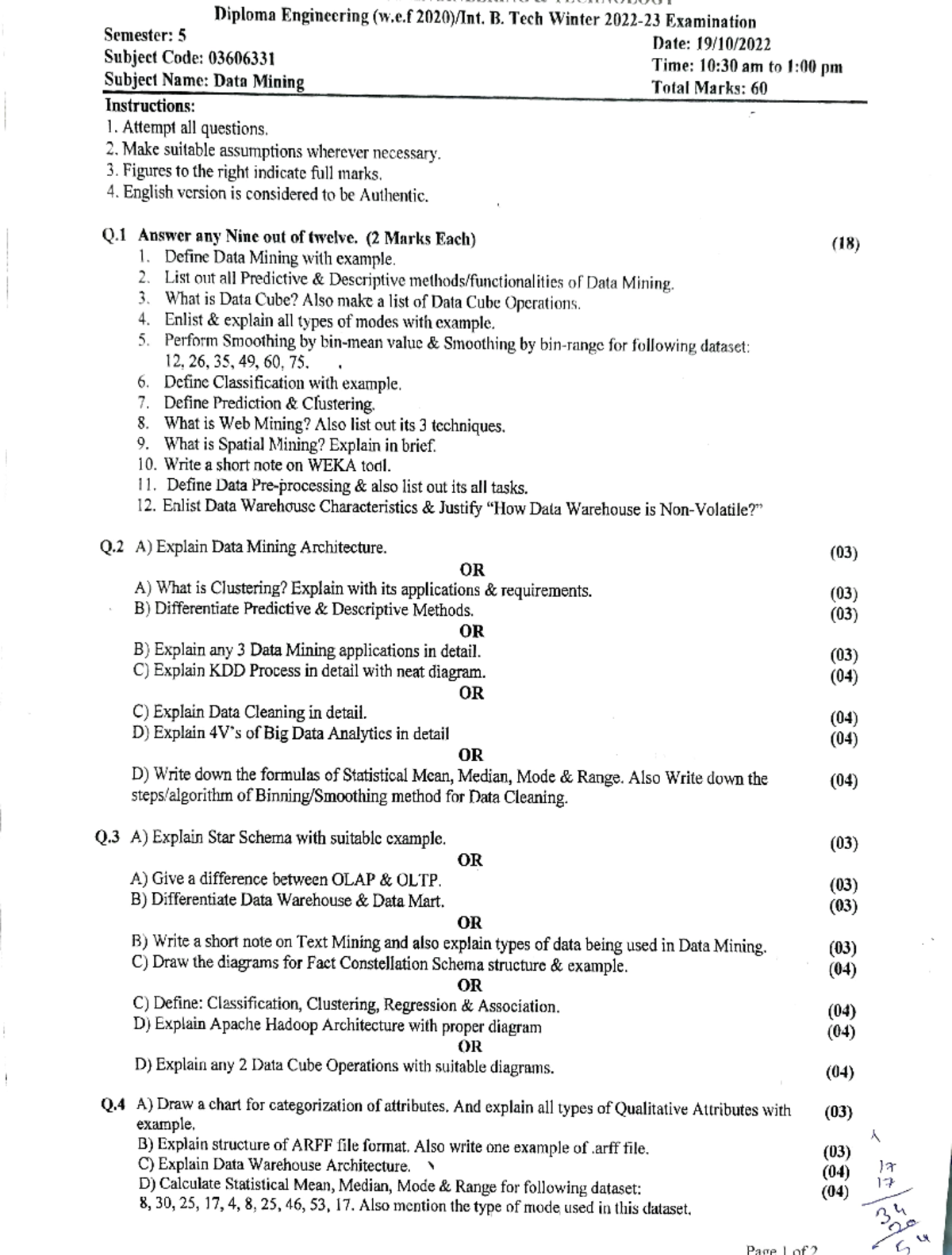 Data mining question paper 5th semester external exams - Diploma Engineering (w.e 2020)/Int. B ...