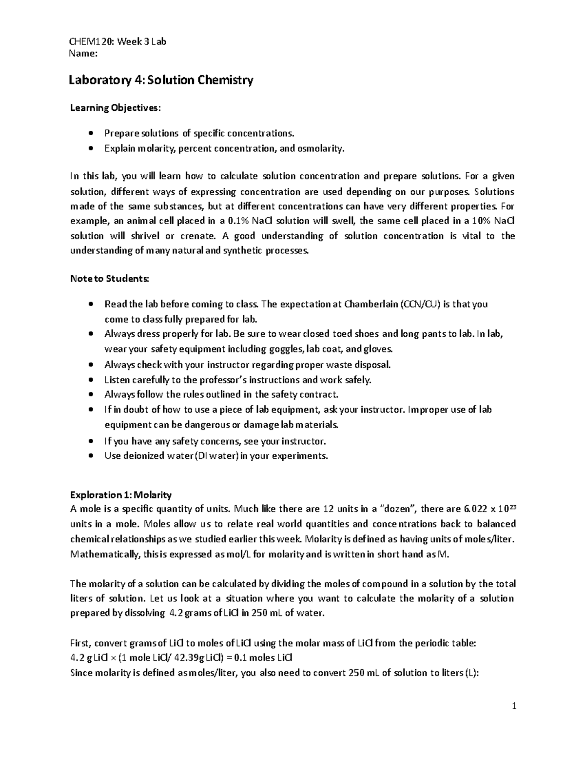 Lab4 Solution Chemistry -1 - CHEM-120 - Chamberlain University - Studocu