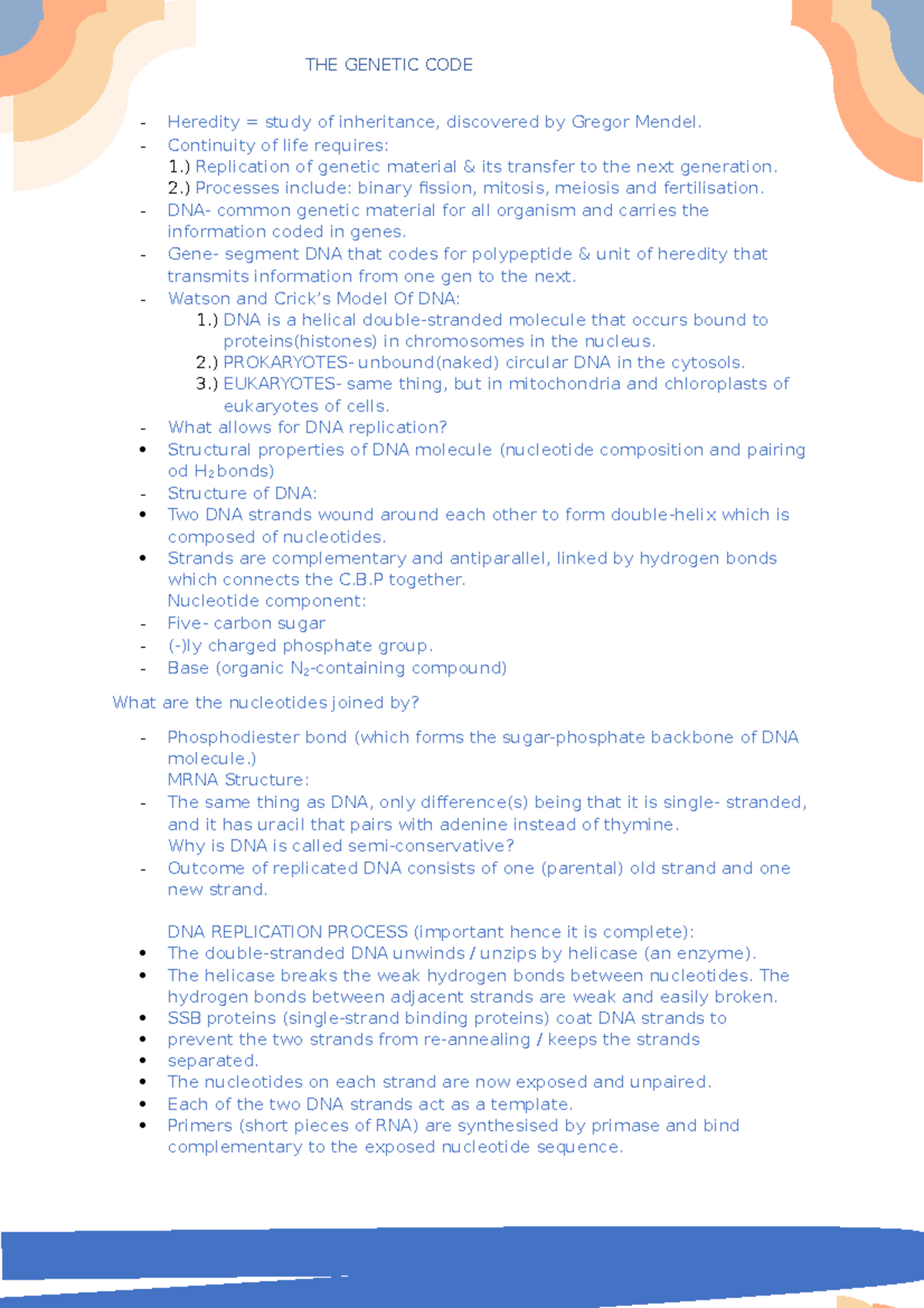 WACE Biology Chapter 1 : The Genetic Code Flash Notes (for last minute ...