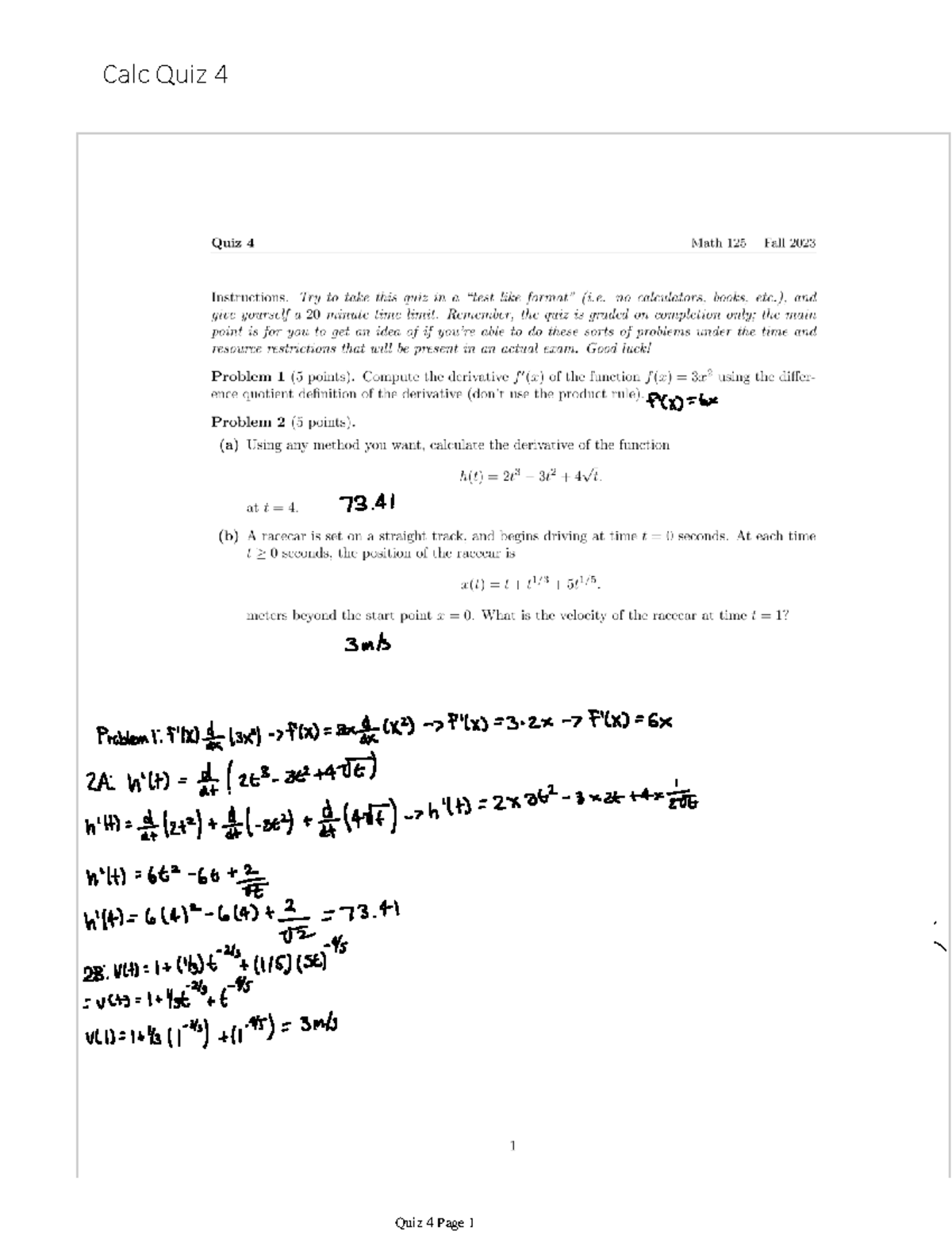 Calc Quiz 4 - quiz number 4 - MATH 125g - Calc Quiz Quiz 4 Page Quiz 4 ...