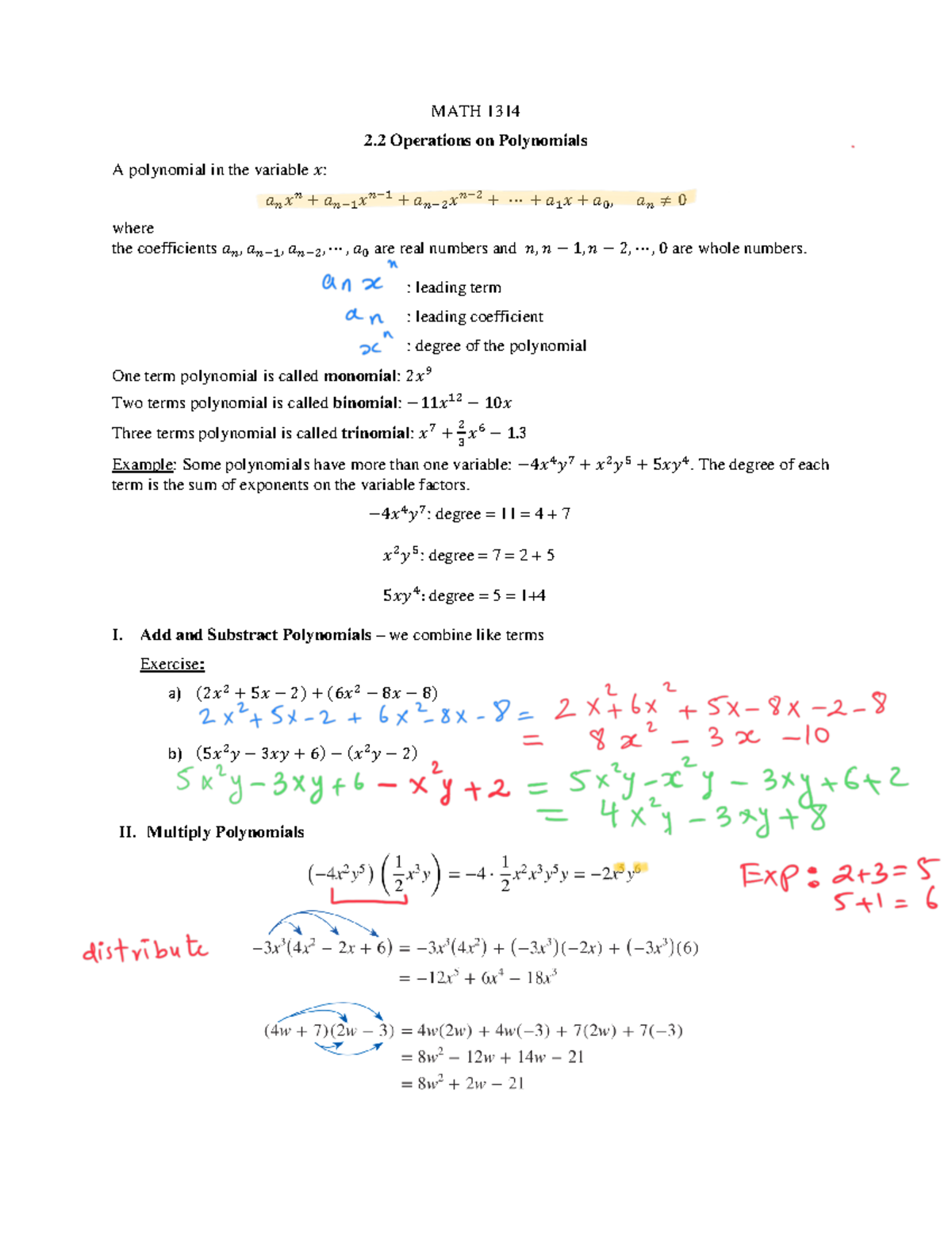 Section 2 - MATH 1314 2 Operations on Polynomials A polynomial in the ...