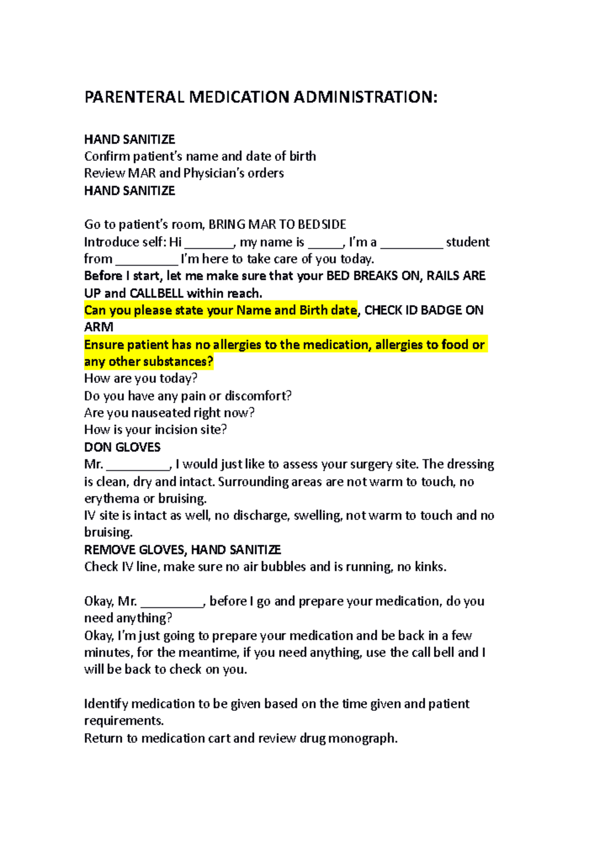 IV med admin - PARENTERAL MEDICATION ADMINISTRATION: HAND SANITIZE ...