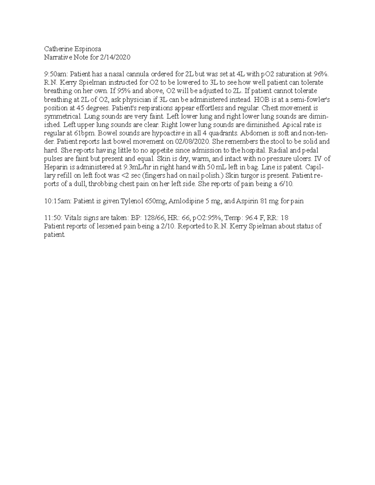 Respiratory Narrative Note - Catherine Espinosa Narrative Note for 2/14 ...