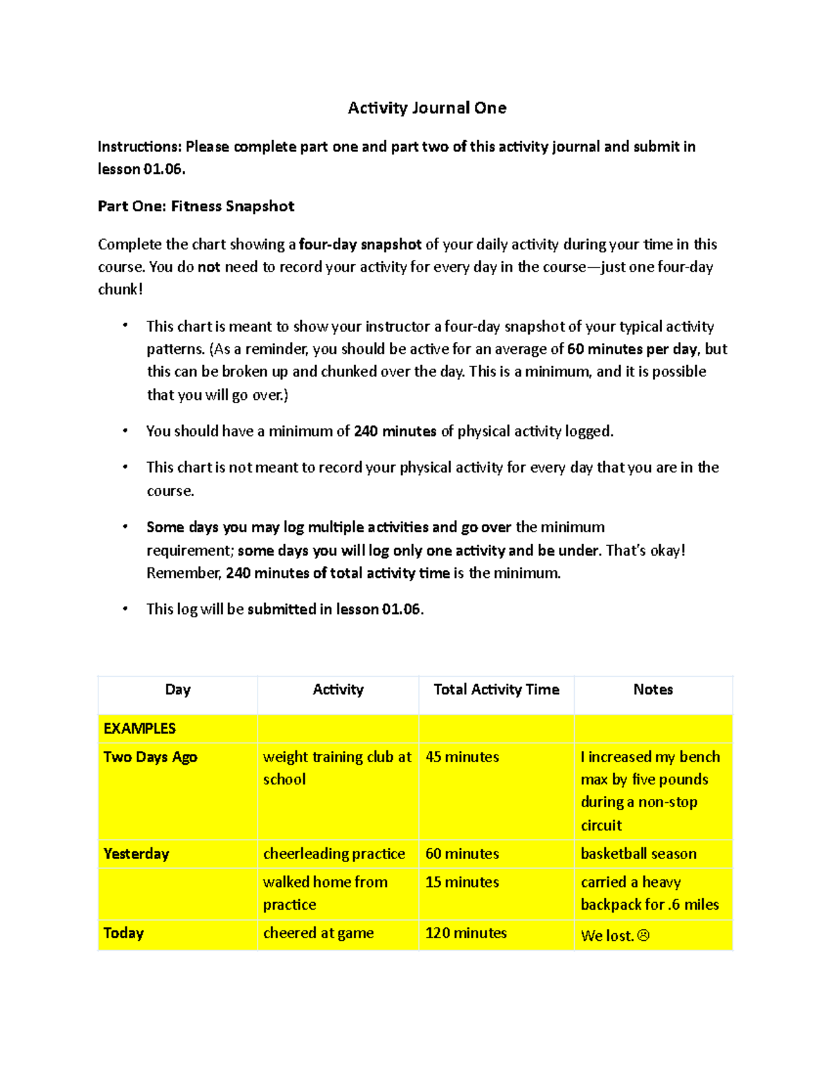 Activity journal 01 - pe assignment - Ac#vity Journal One Instruc#ons ...
