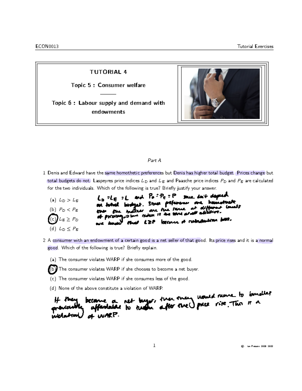 Tutorial Exercise 4 - ECON0013 Tutorial Exercises TUTORIAL 4 Topic 5 : Consumer welfare ...