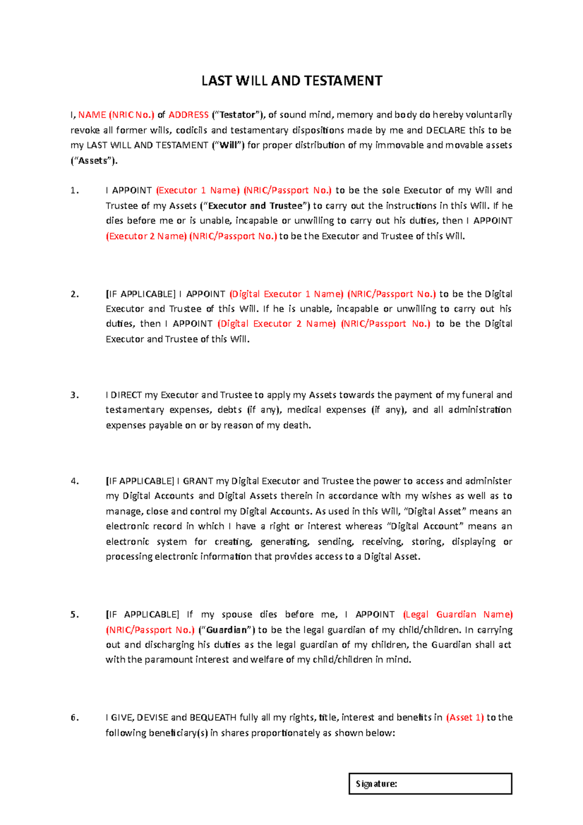 Last Will and Testament Sample - LAST WILL AND TESTAMENT I, NAME (NRIC ...