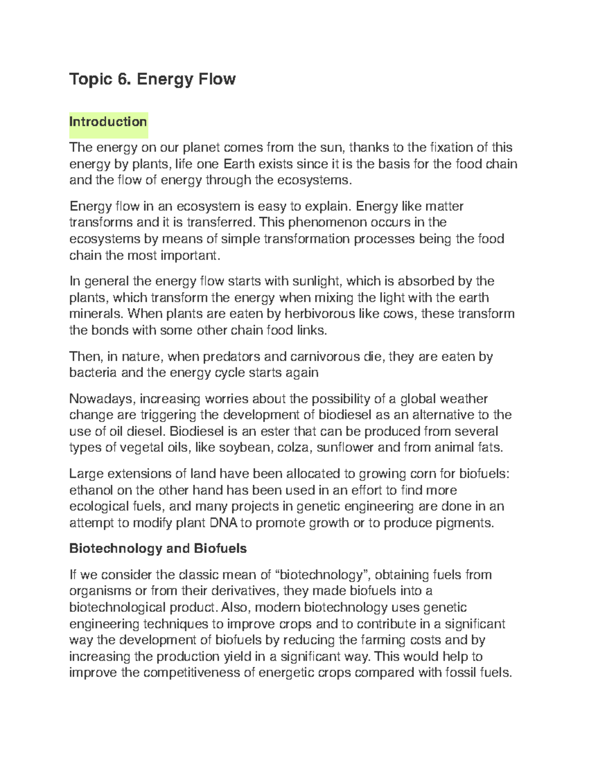 Life Science Módulo 2 - Módulos - Topic 6. Energy Flow Introduction The ...