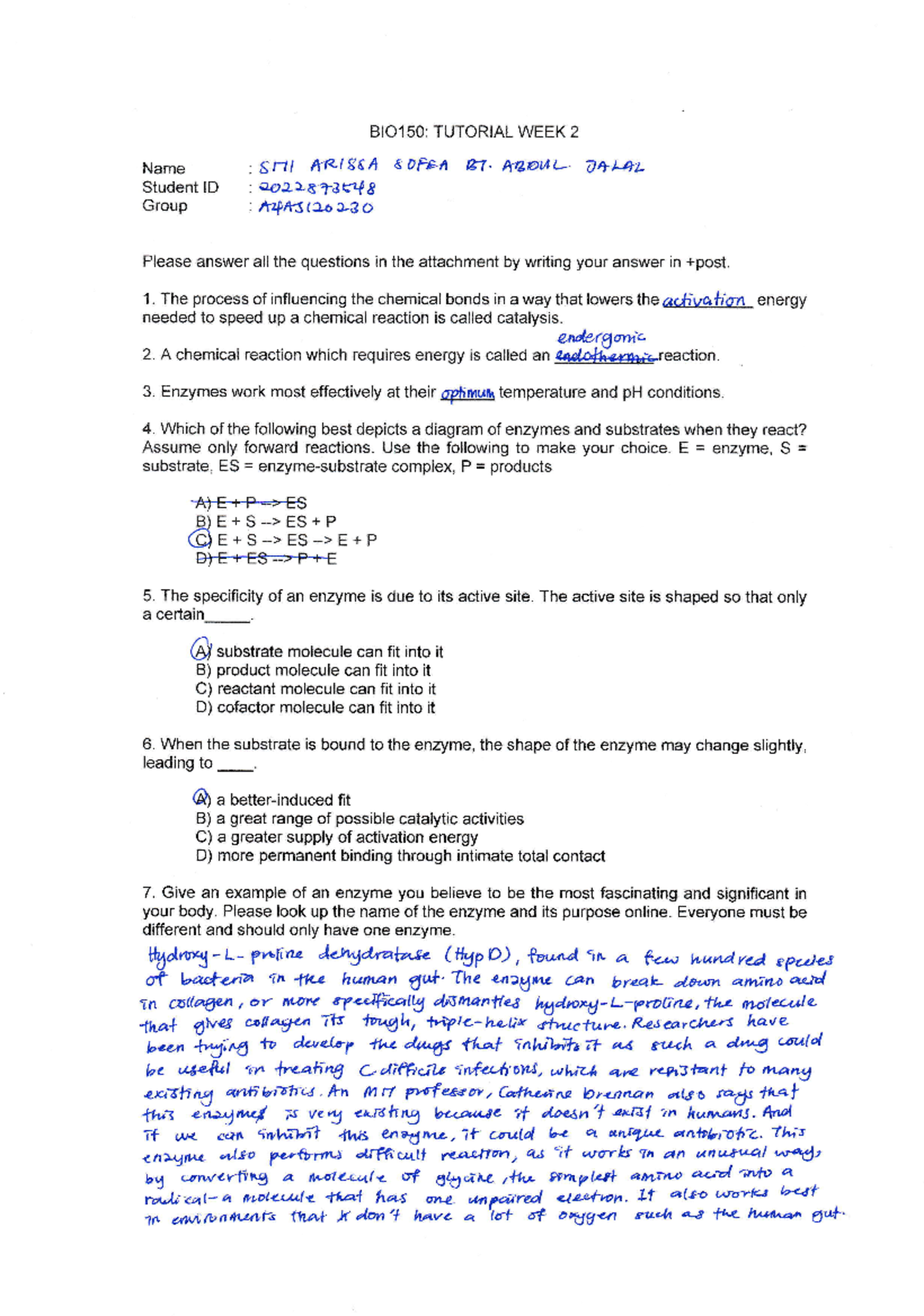 Bio150 tutorial week 2 - tuto week 2 - Name Student lD Group Bl0150: TUTORIAL WEEK 2 : Efit frr ...