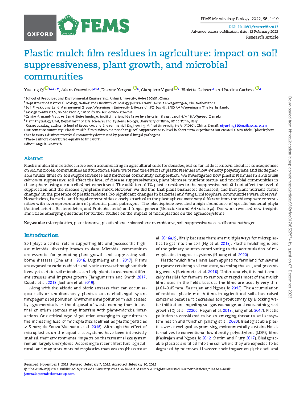 Plastic mulch film residues in agriculture impact on soil suppressiveness, plant growth, and ...