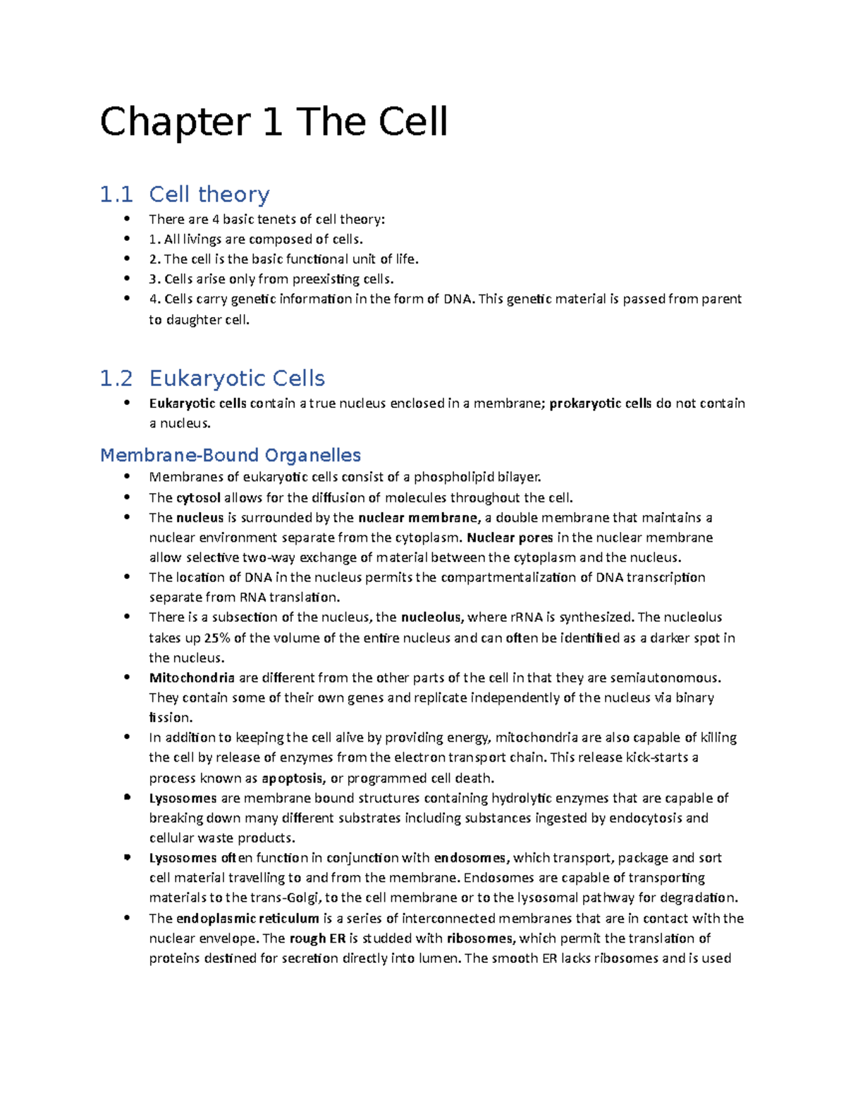MCAT Biology - Chapters 1-7 - Chapter 1 The Cell 1 Cell theory There are 4 basic tenets of cell ...