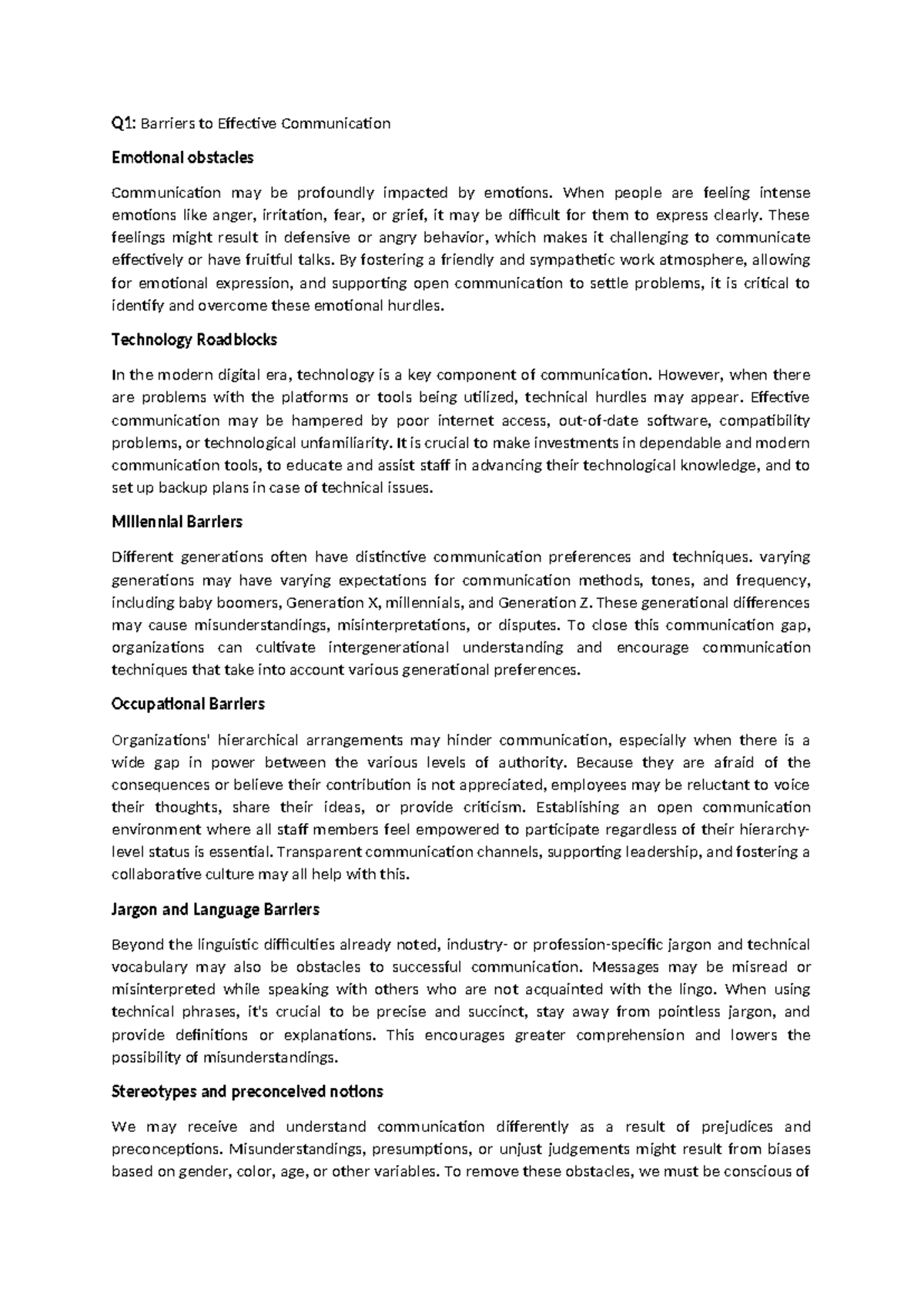 Barriers To Effective Communication - Q1: Barriers to Effective ...