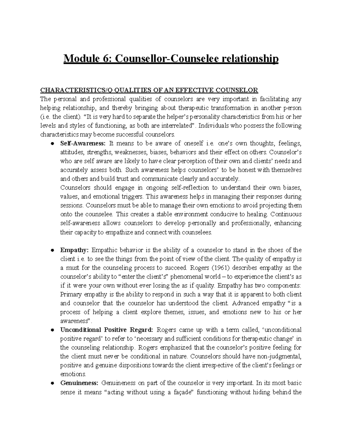 Counseling module 6 Counsellor-Counselee relationship - Module 6 ...