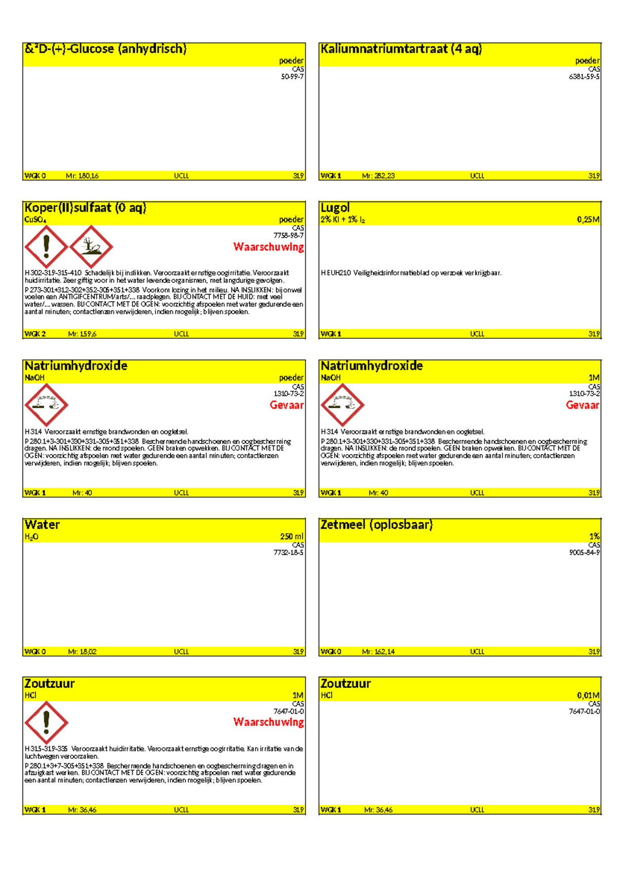 Labo 3 - chemie - &²D-(+)-Glucose (anhydrisch) poeder CAS 50-99- WGK 0 ...