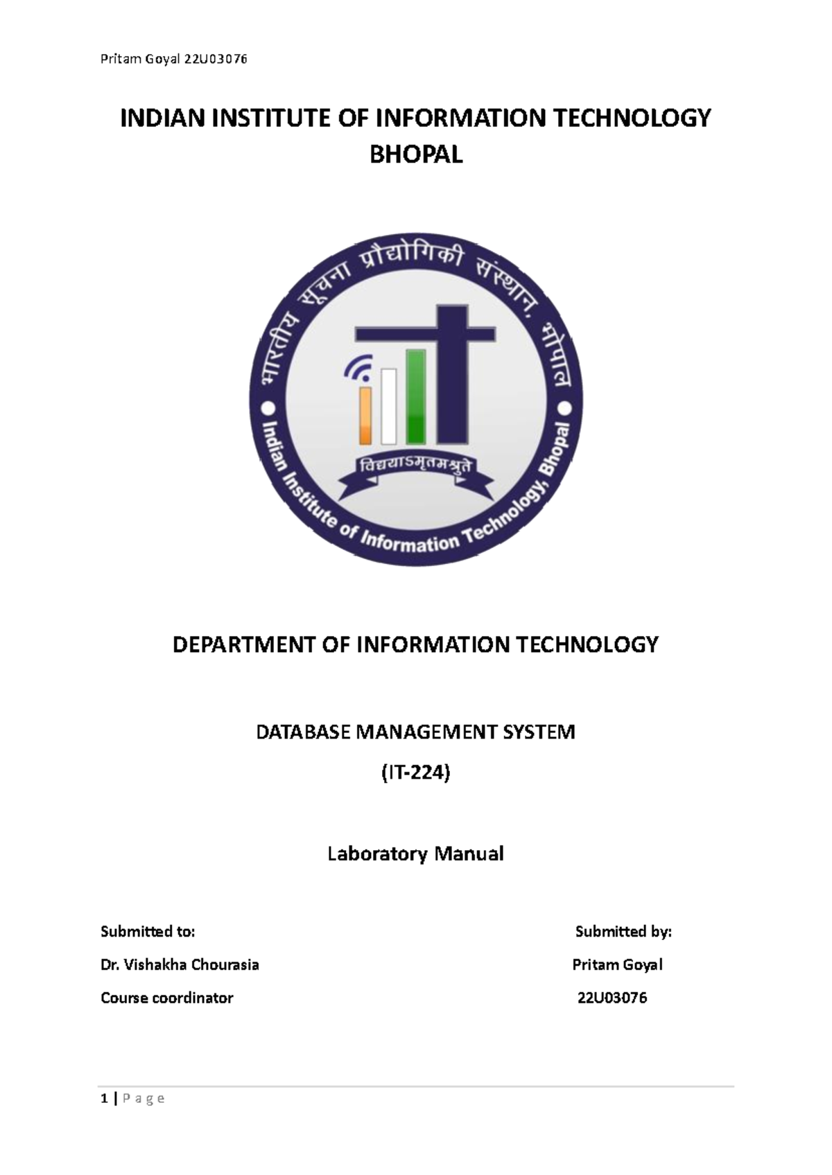 Dbms lab manual final - INDIAN INSTITUTE OF INFORMATION TECHNOLOGY ...