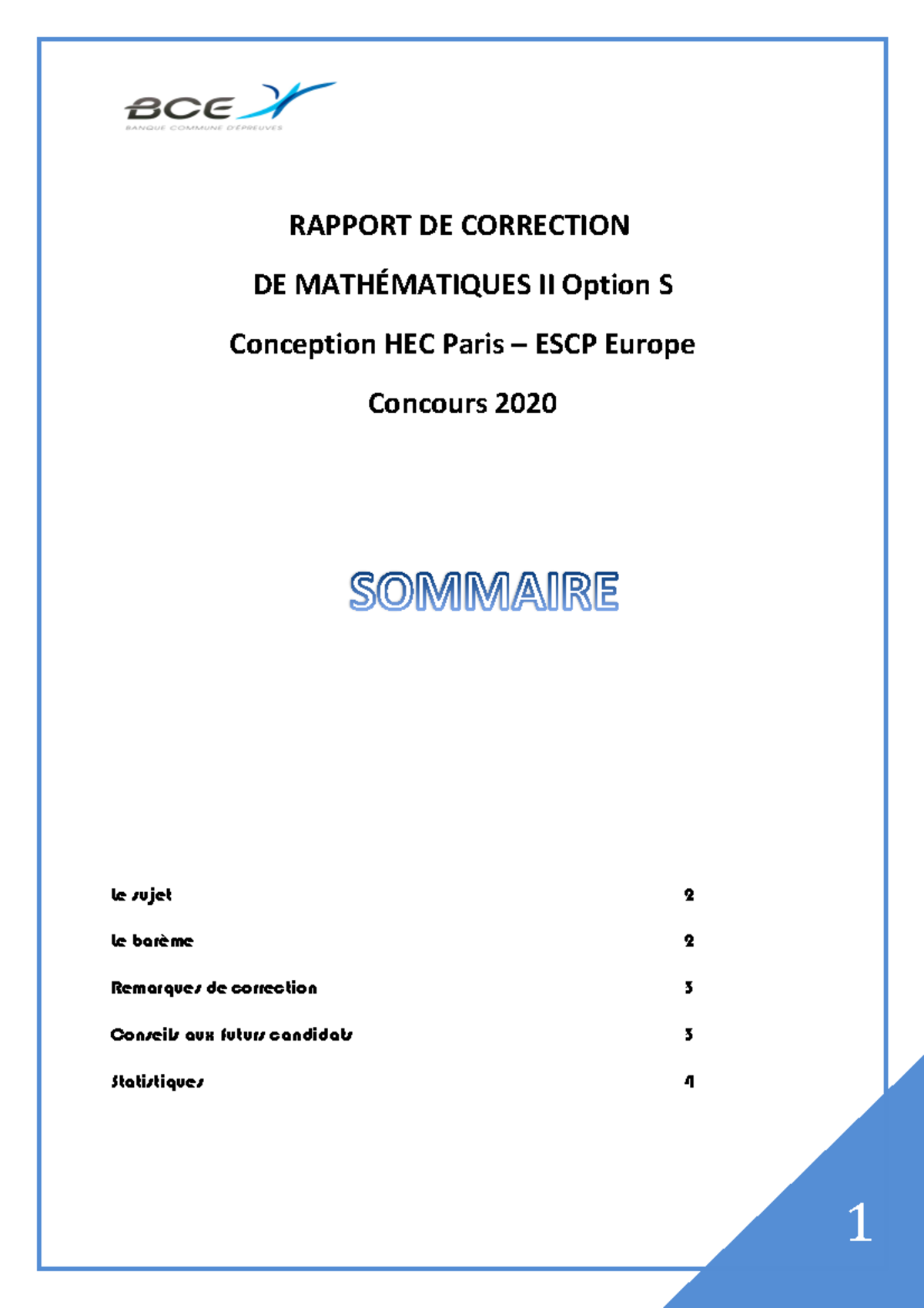 283 - 2020 Maths 2 S - RAPPORT DE CORRECTION DE MATHÉMATIQUES II Option ...