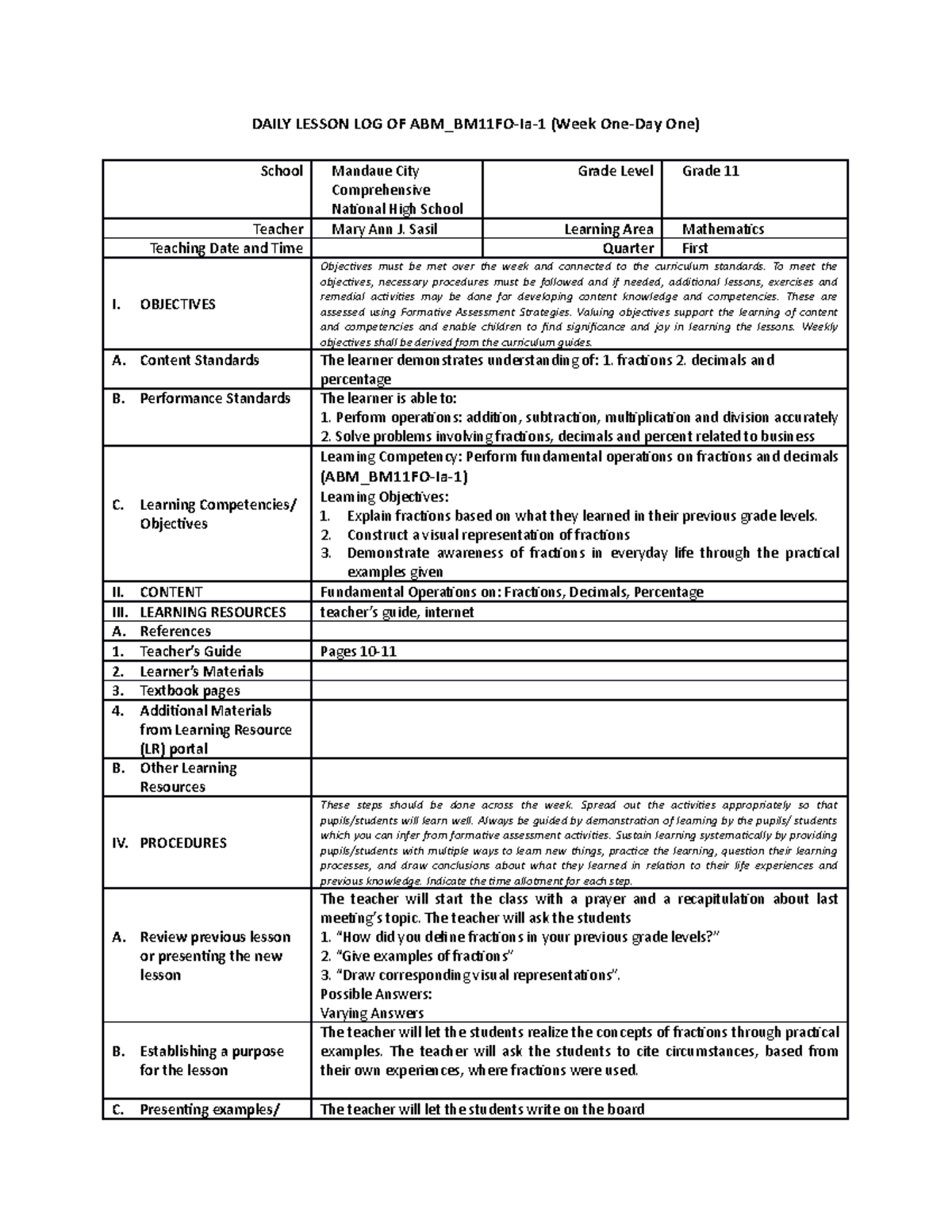 BM I-1 - DAILY LESSON LOG OF ABM_BM11FO-Ia-1 (Week One-Day One) - DAILY ...