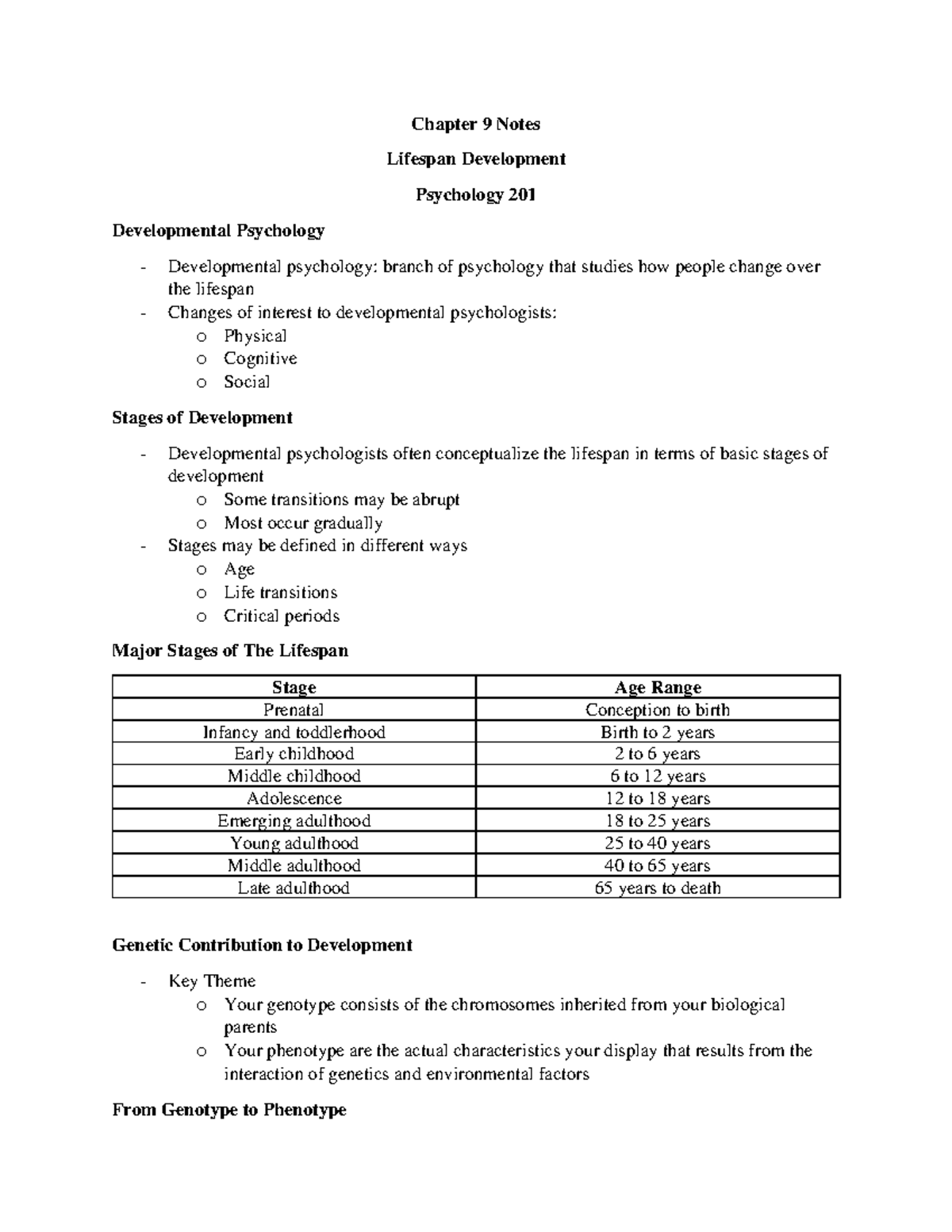 Psyc 201 chapter 9 notes - Chapter 9 Notes Lifespan Development ...