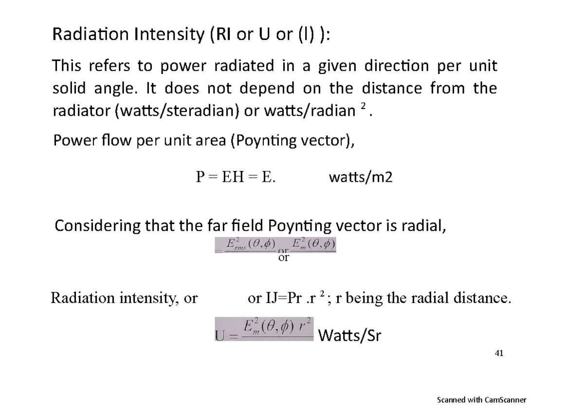 Radiation pattern, radiation intensity, directive gain, directivity ...