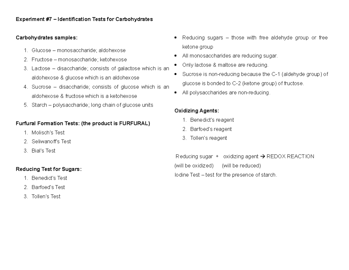 Biochemistry Experiment - Identification Tests for Carbohydrates ...