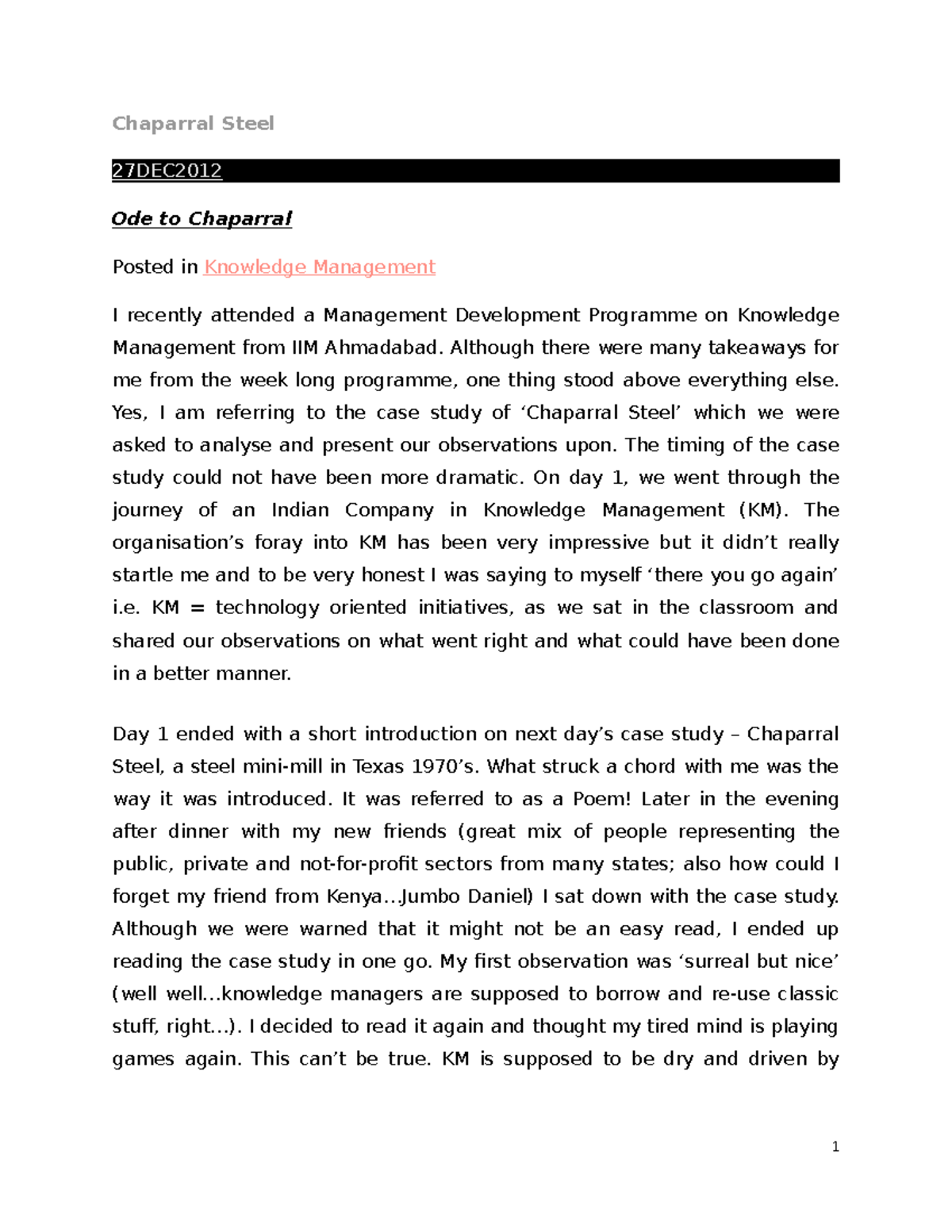 1 Chaparral Steel - Lecture notes 3 - Chaparral Steel 27 DEC 2012 Ode ...