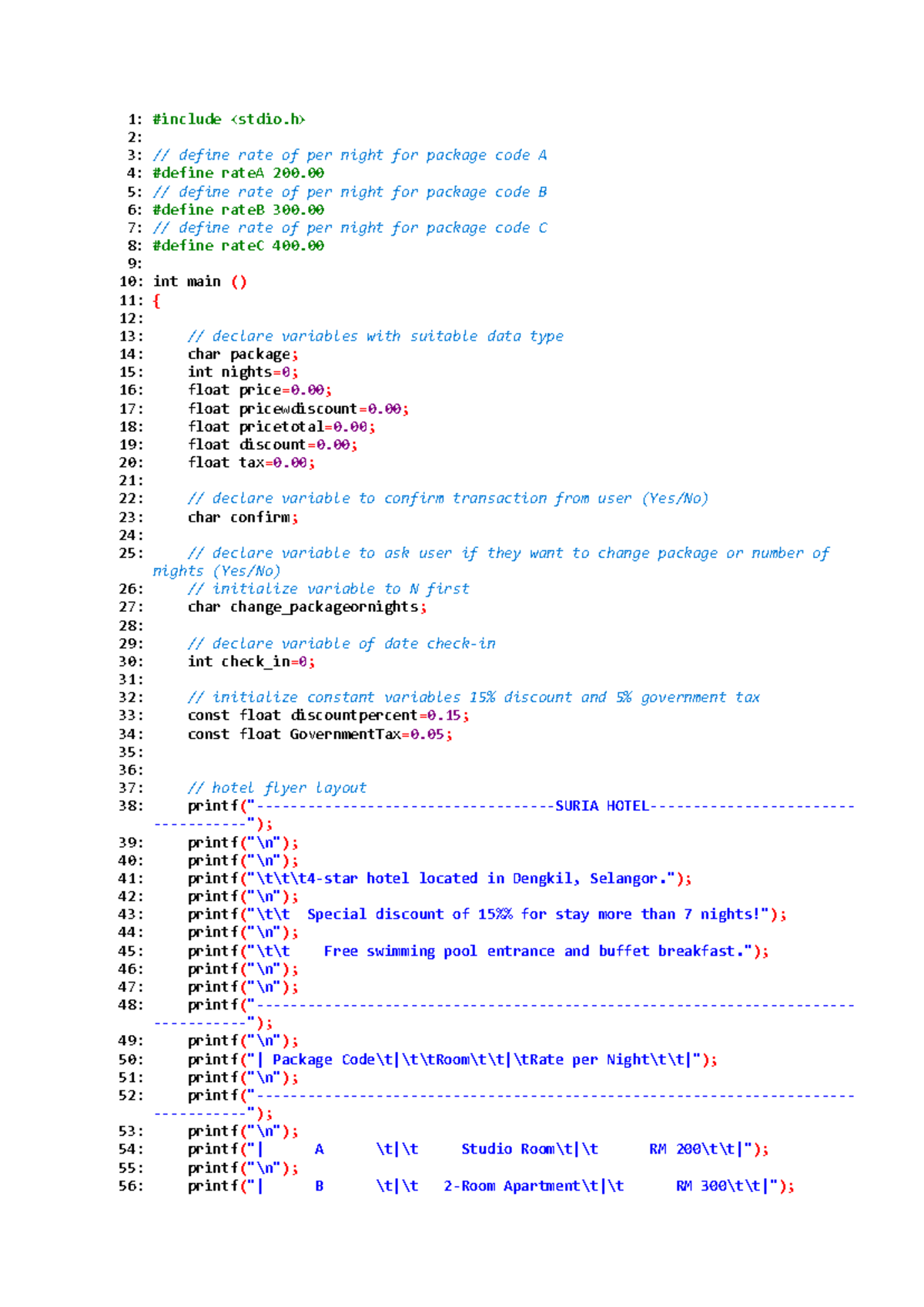 Individual Assignment - 1: #include 2: 3: // define rate of per night for package code - Studocu