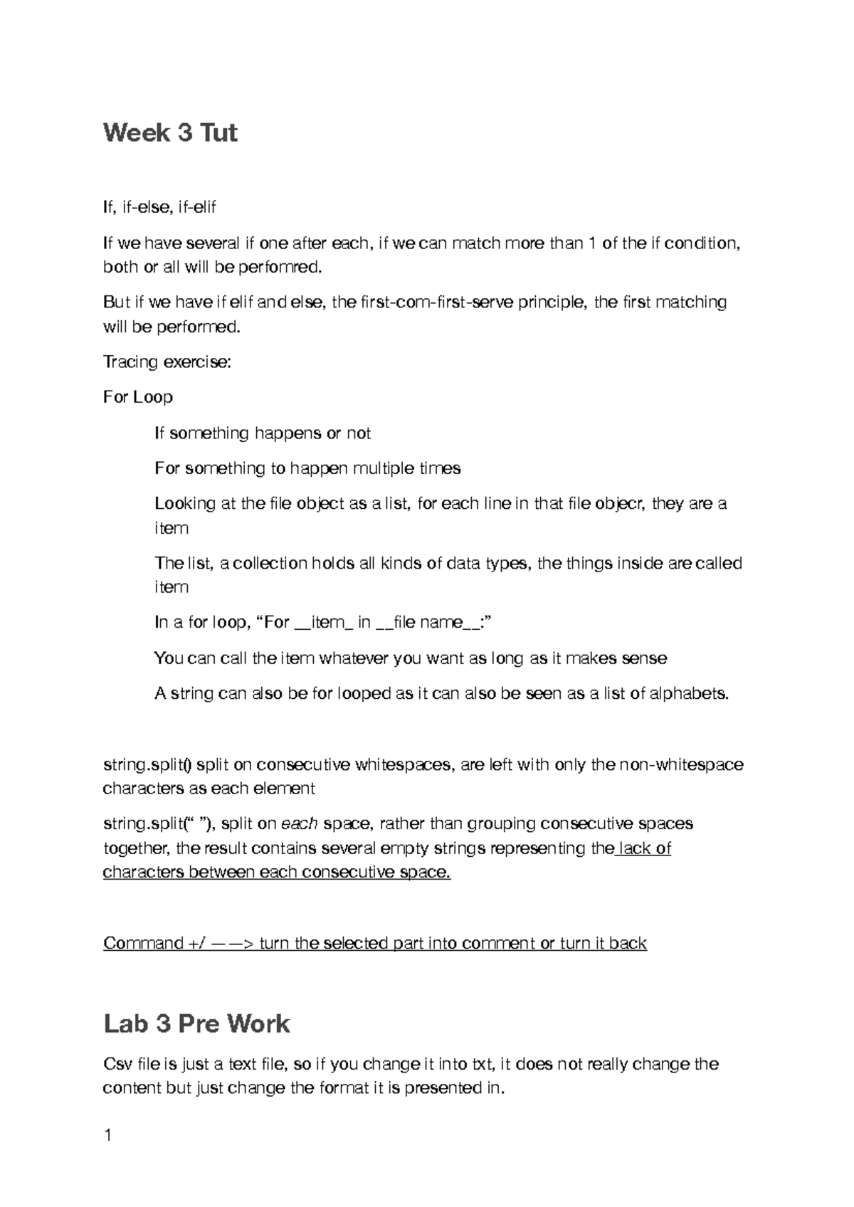 Week 3 tut - tutorial notes - Week 3 Tut If, if-else, if-elif If we ...
