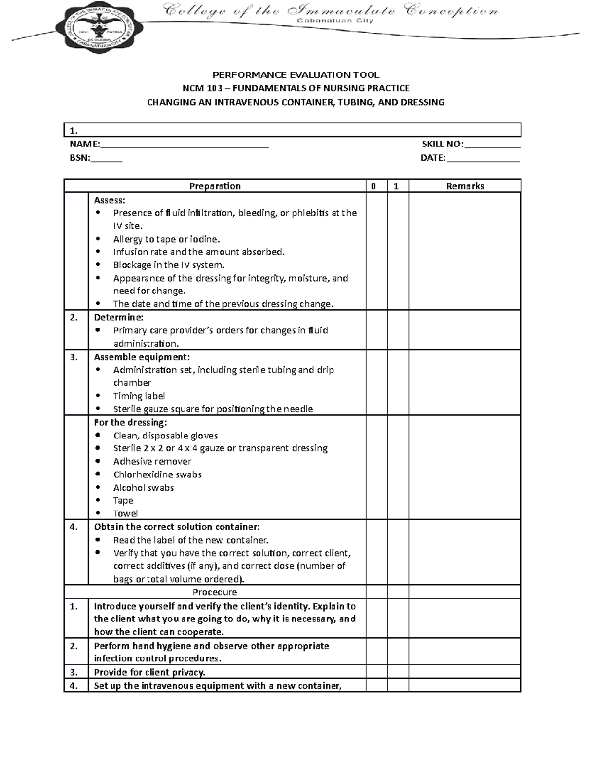 Changing an Intravenous Container and Tubing - PERFORMANCE EVALUATION ...