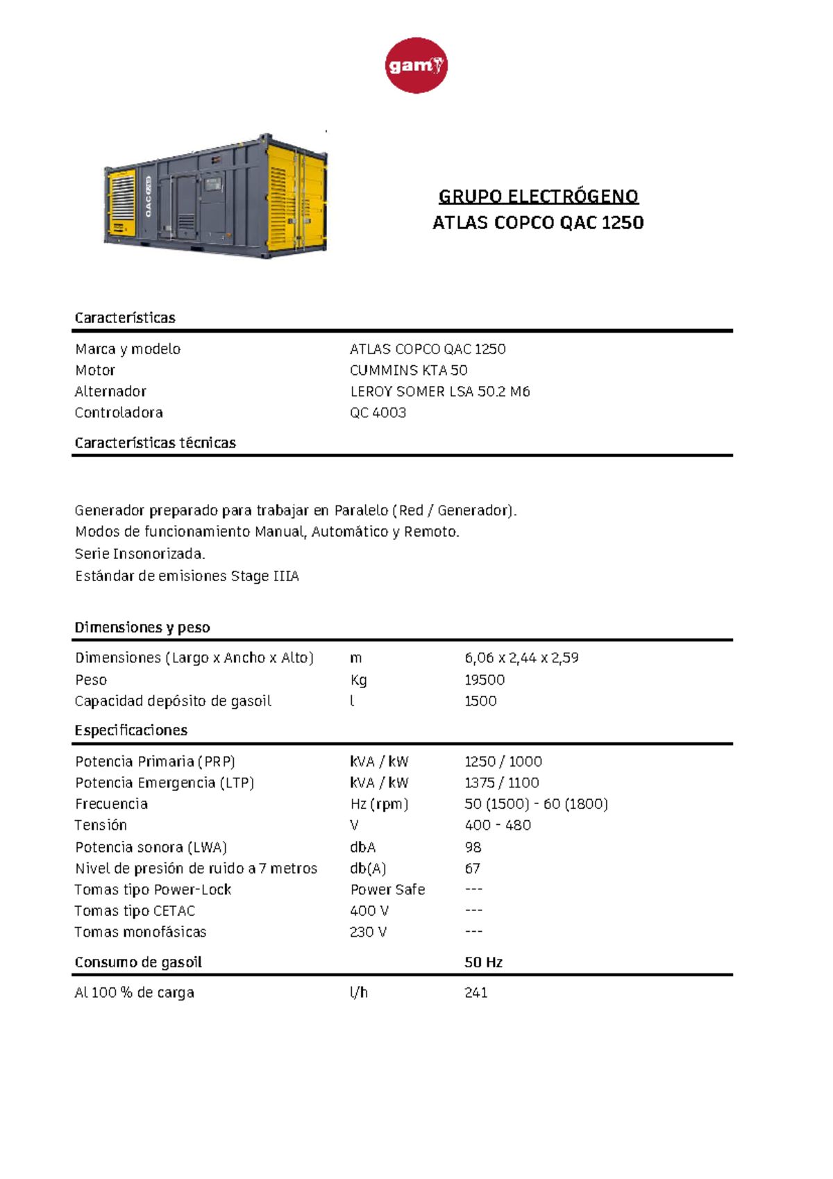 Atlas Copco QAC 1250 ficha comercial - Marca y modelo Motor Alternador ...