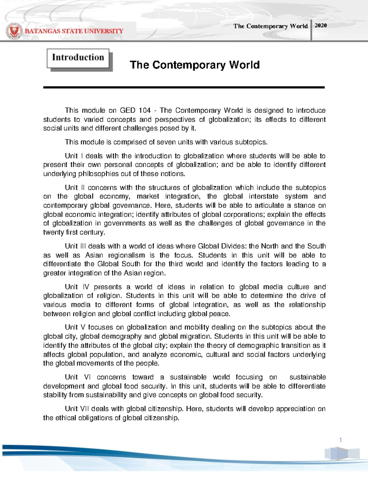 THE Contemporary World - UNIT 1 - The Contemporary World This module on ...