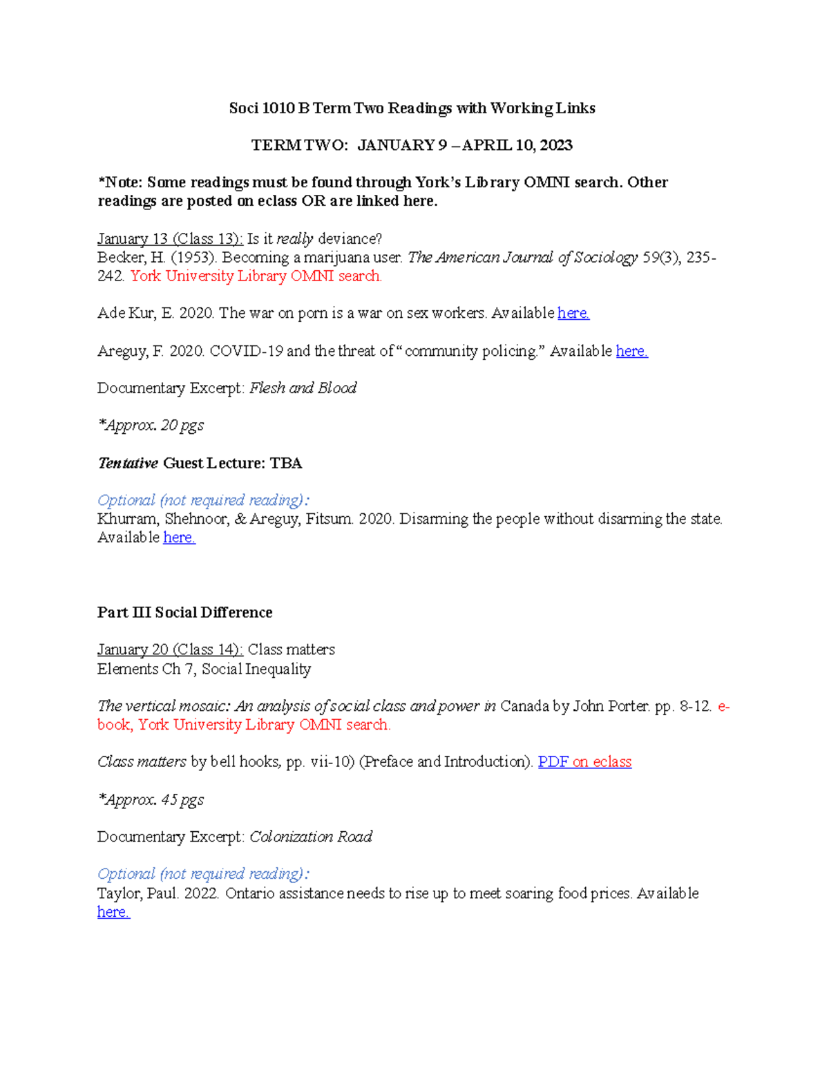 Reading for SOCI 1010 - Soci 1010 B Term Two Readings with Working ...