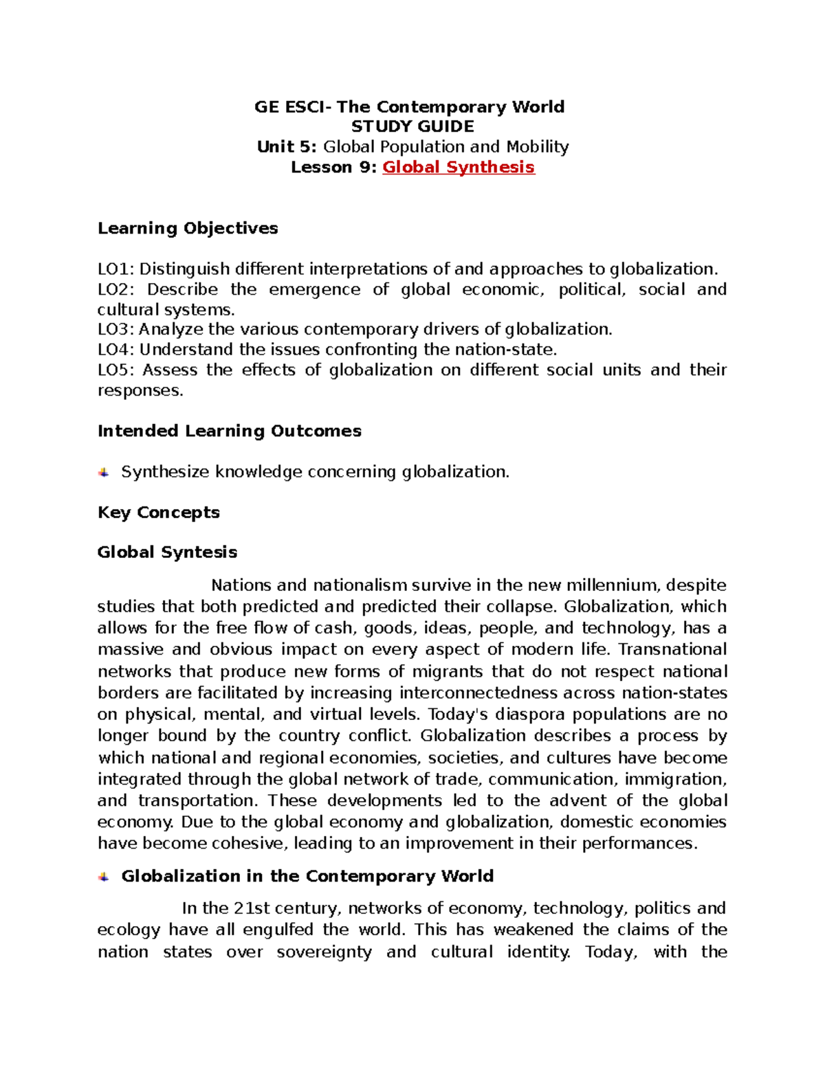 Lesson 9 Global Synthesis - GE The Contemporary World STUDY GUIDE Unit ...