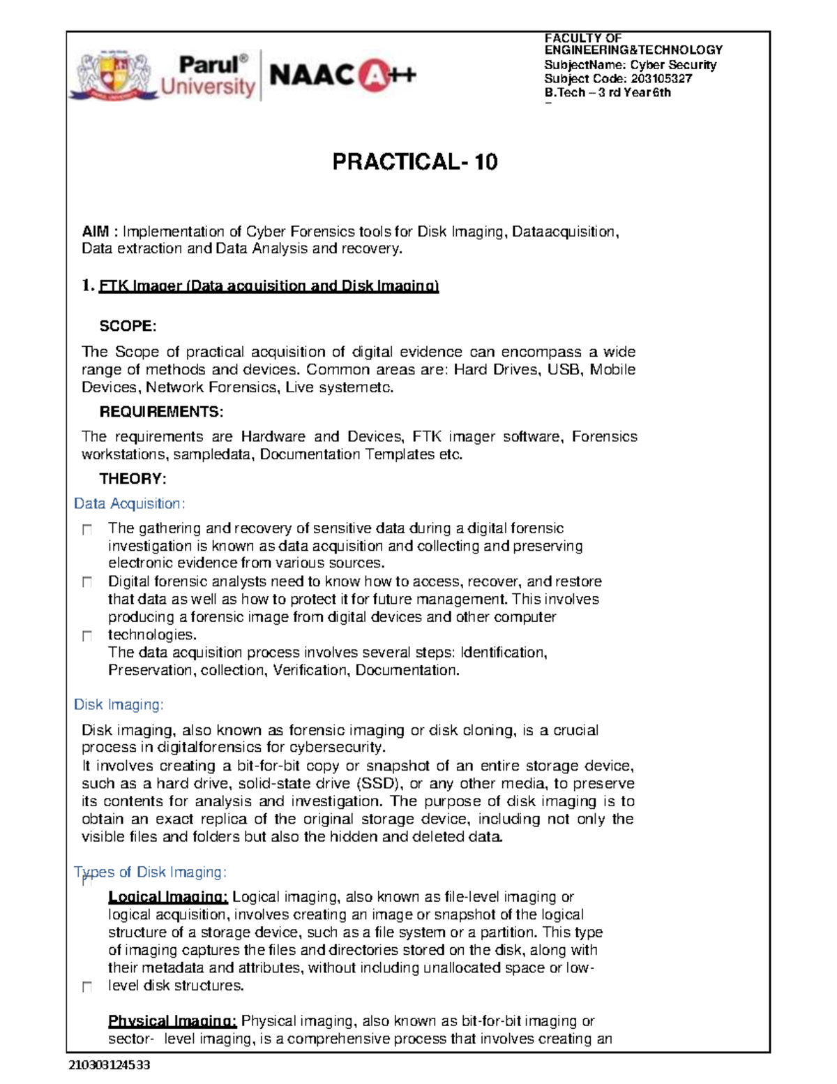 Cs 10 - cs p -10 - ENGINEERING&TECHNOLOGY SubjectName: Cyber Security ...