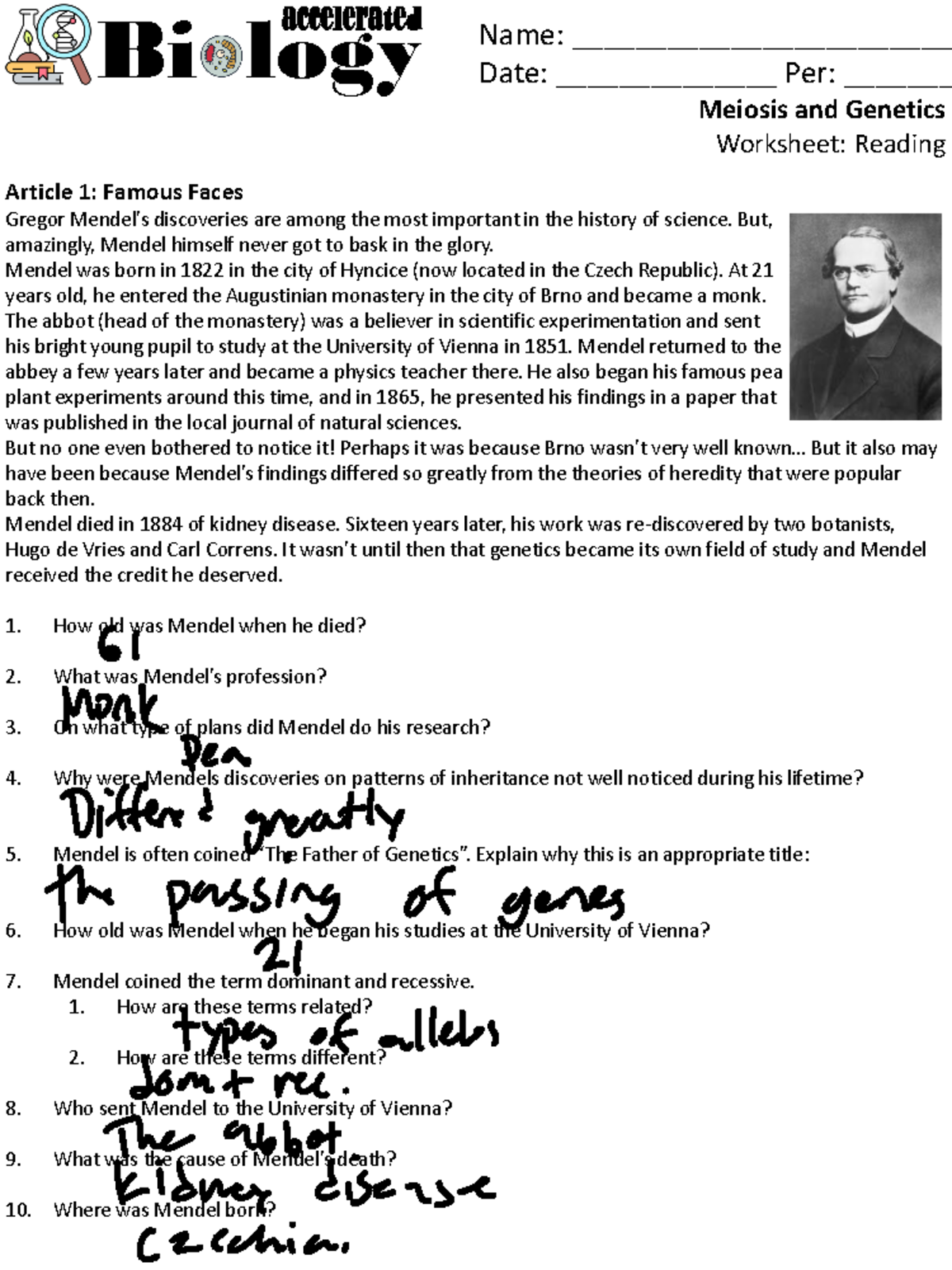 Worksheet Genetics Reading - Name: ________________________ Bi logy ...