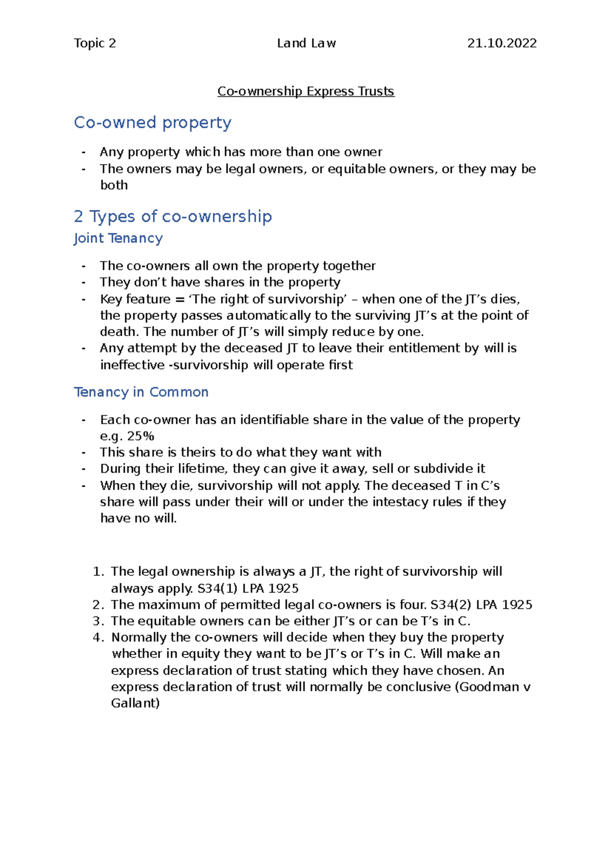 Co-ownership notes - Co-ownership Express Trusts Co-owned property Any ...