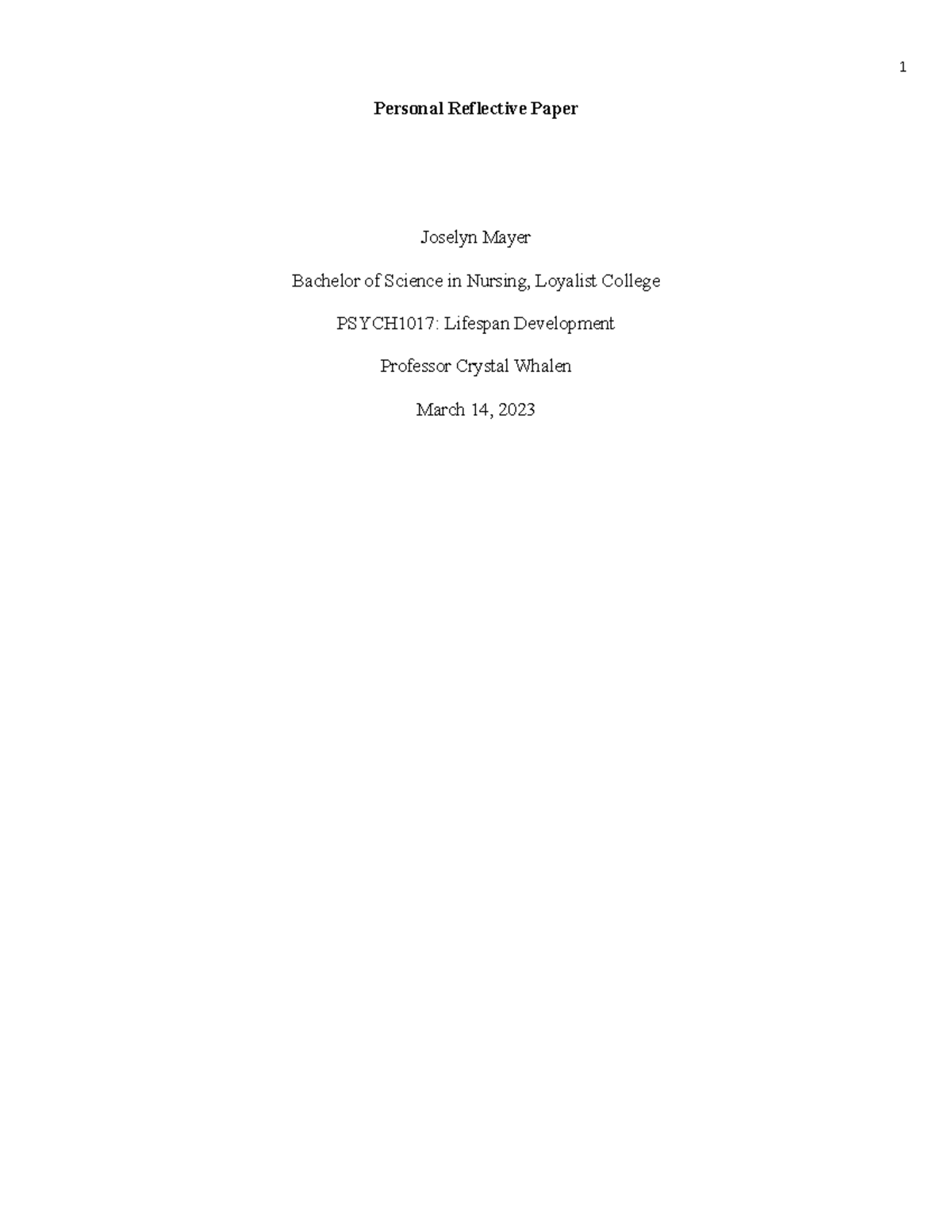 Personal Reflective paper - Personal Reflective Paper Joselyn Mayer ...