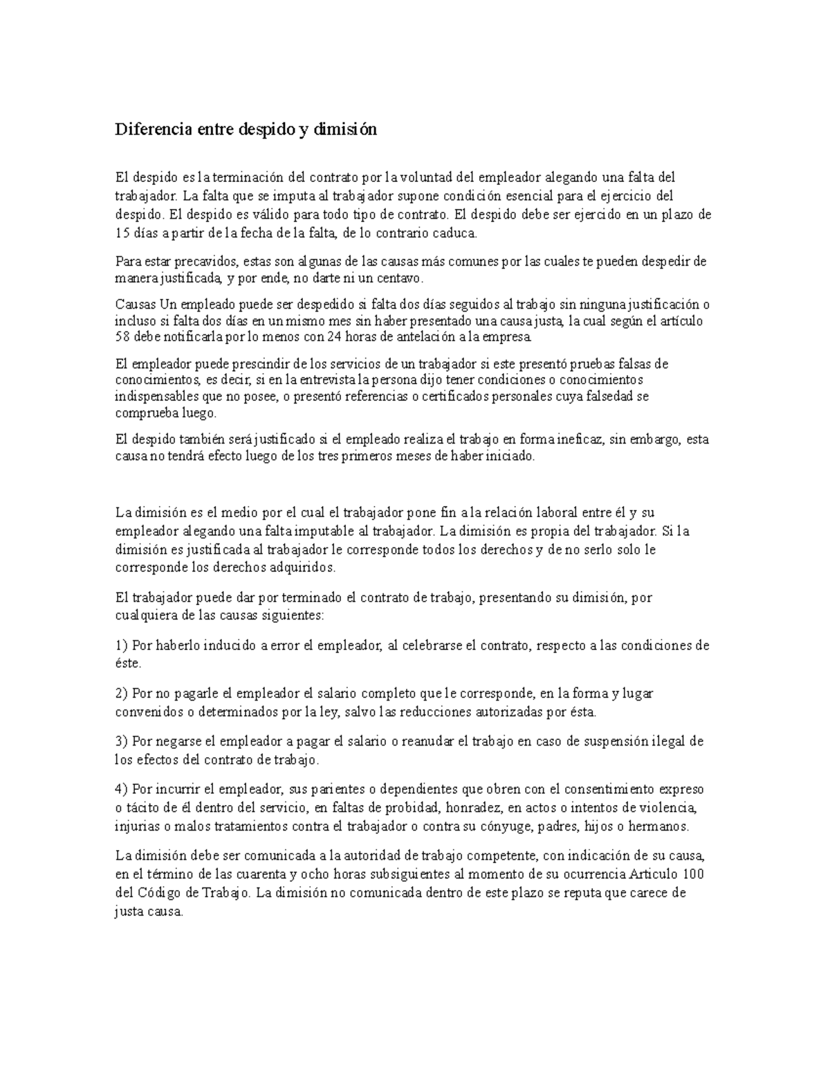 Despido y dimision - Nota: A - Diferencia entre despido y dimisión El ...