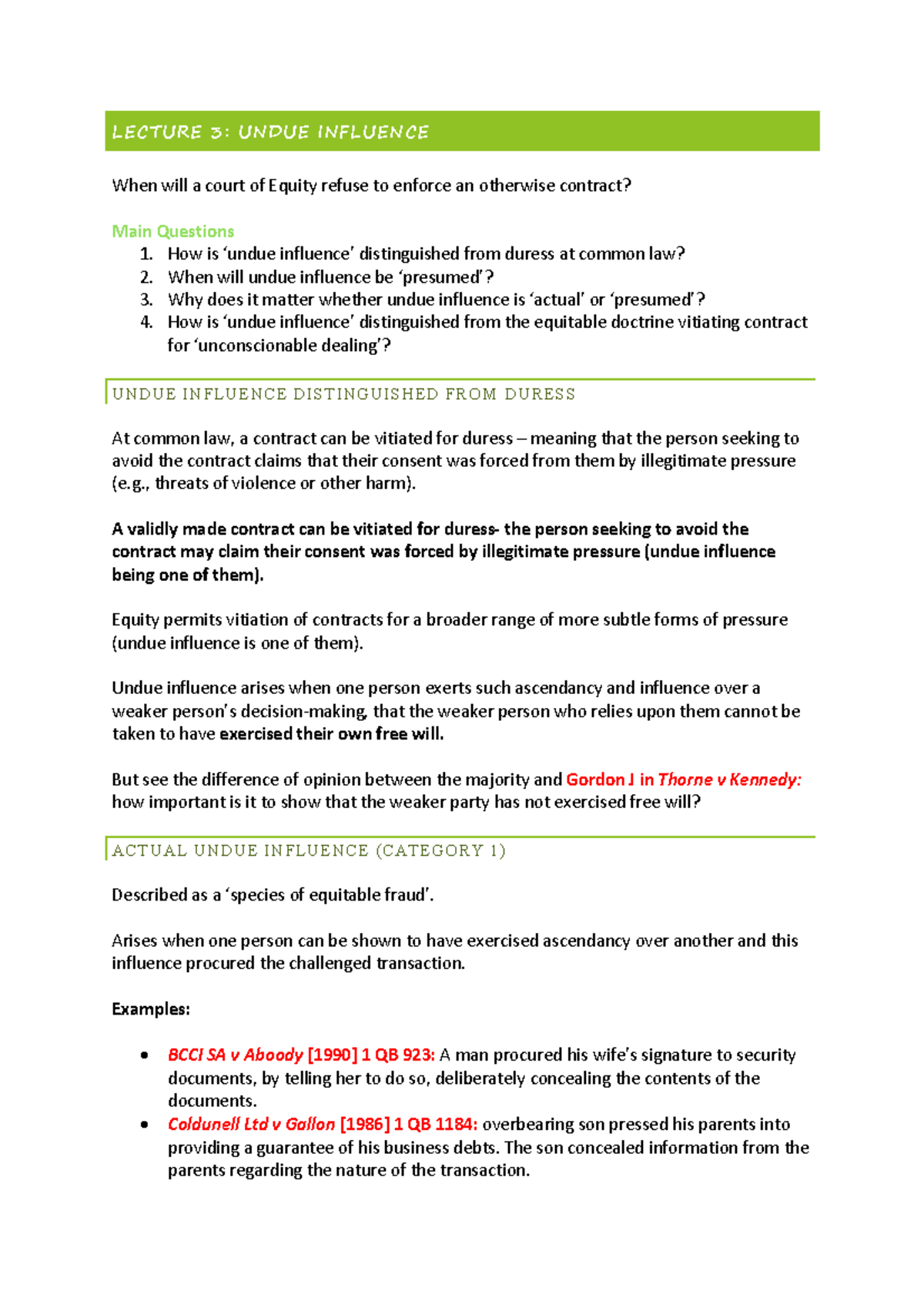 Undue Influence and Unconscionable Conduct - LECTURE 3: UNDUE INFLUENCE ...