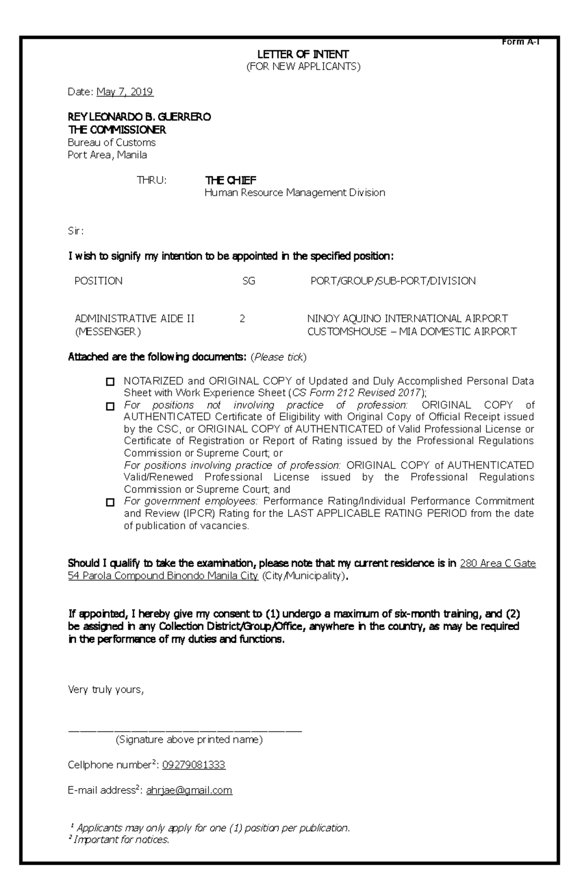 Letter of Intent 3 - 1234566 - Form A-I LETTER OF INTENT (FOR NEW ...